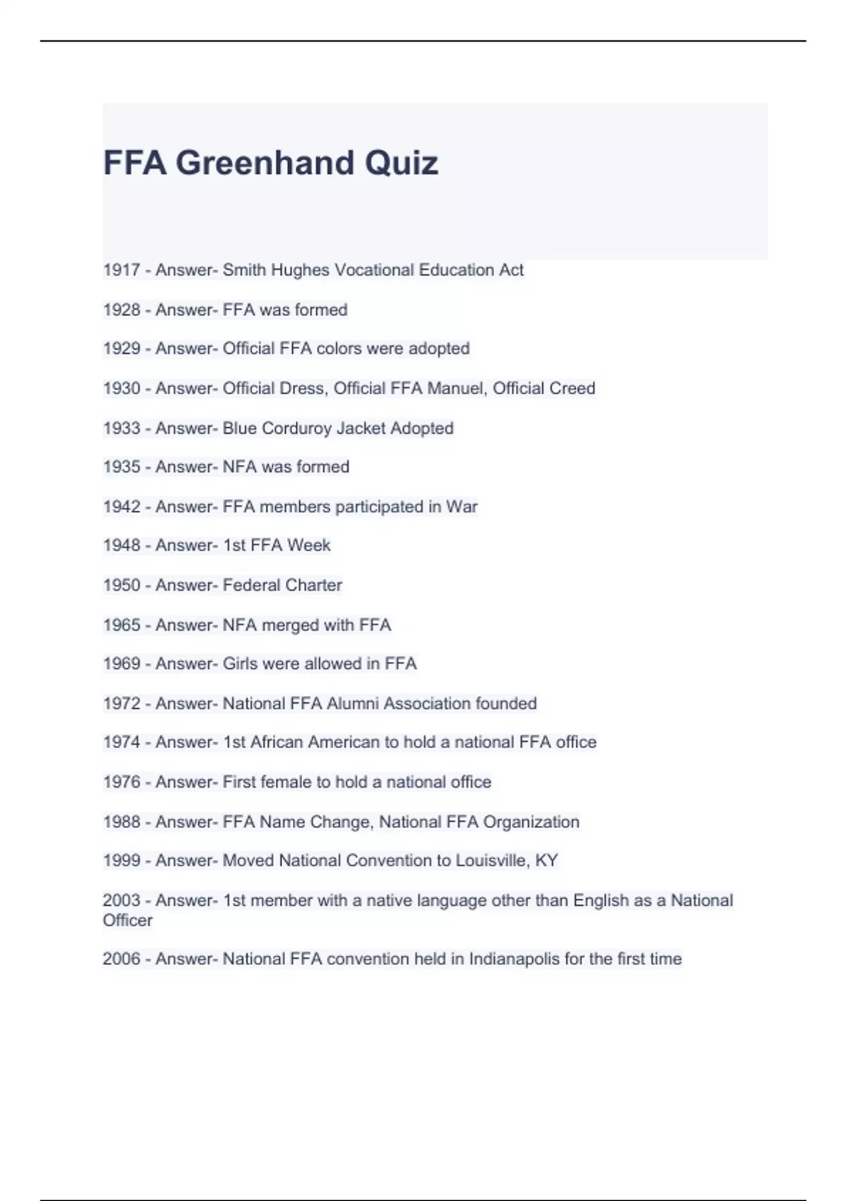 FFA Greenhand Quiz 2023/2024-Answered - FFA Greenhand - Stuvia US