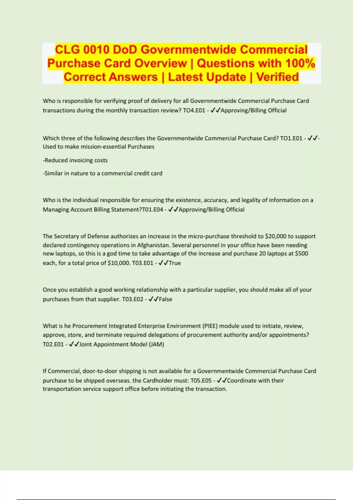 CLG 0010 DoD Governmentwide Commercial Purchase Card Overview | Questions with 100% Correct ...