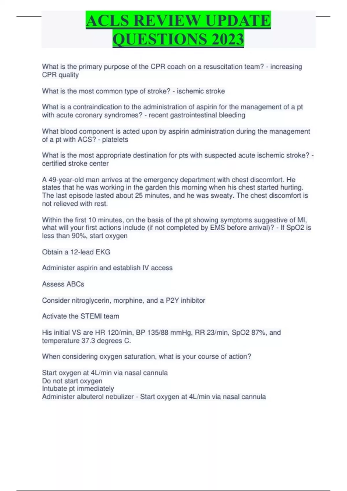 ACLS REVIEW UPDATE QUESTIONS 2023 - ACLS 2023 - Stuvia US