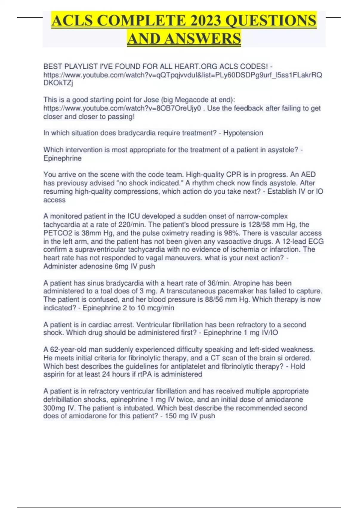 ACLS COMPLETE 2023 QUESTIONS AND ANSWERS - ACLS 2023 - Stuvia US
