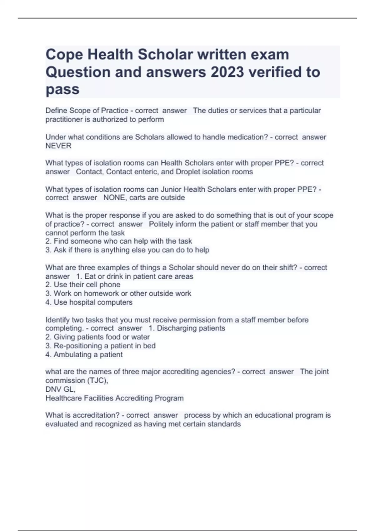 Cope Health Scholar written exam Question and answers 2023 verified to ...