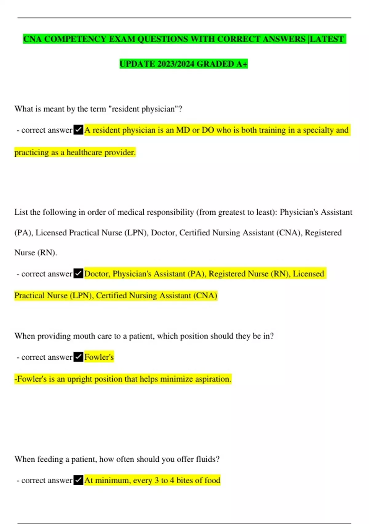 CNA COMPETENCY EXAM QUESTIONS WITH CORRECT ANSWERS LATEST UPDATE 2023 