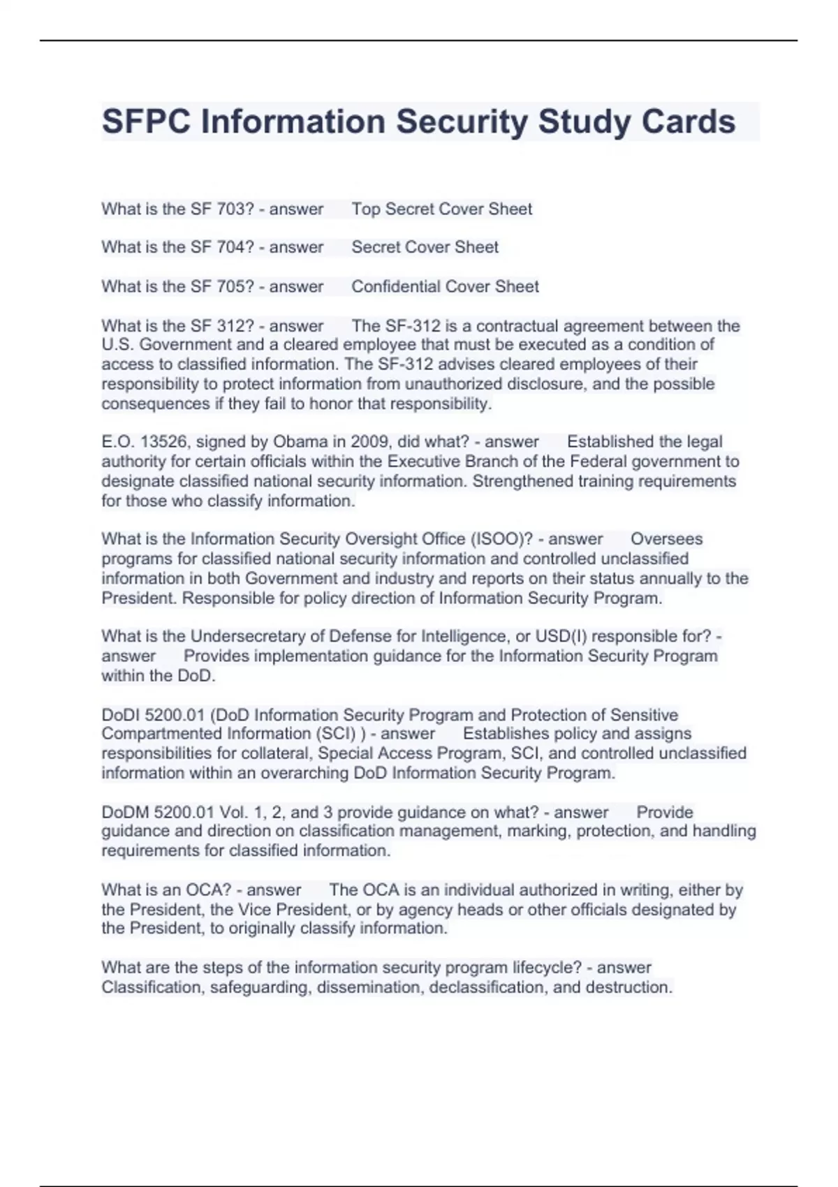 SFPC Information Security Study Cards Questions and Answers 100% Accurate 2023 - Sfpc - Stuvia US