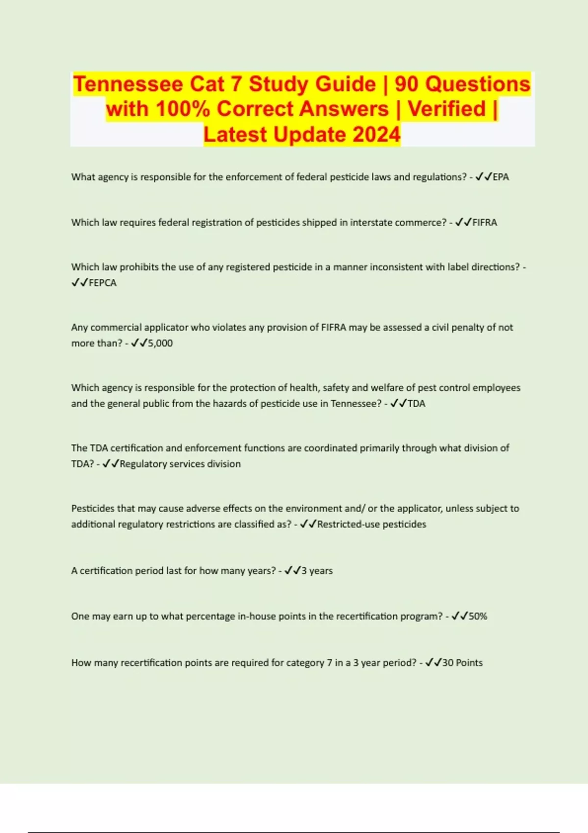 Tennessee Cat 7 Study Guide | 90 Questions with 100% Correct Answers ...