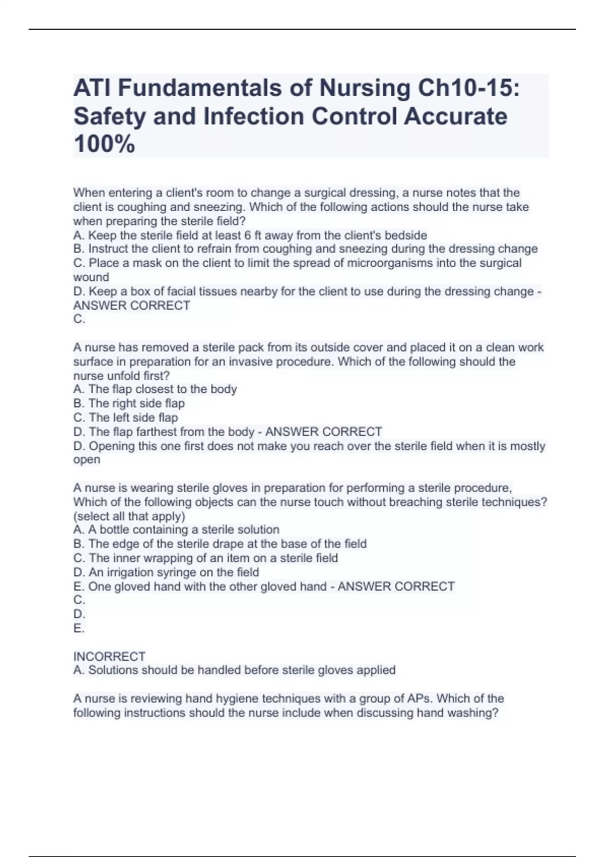 ATI Fundamentals of Nursing Ch10-15: Safety and Infection Control ...
