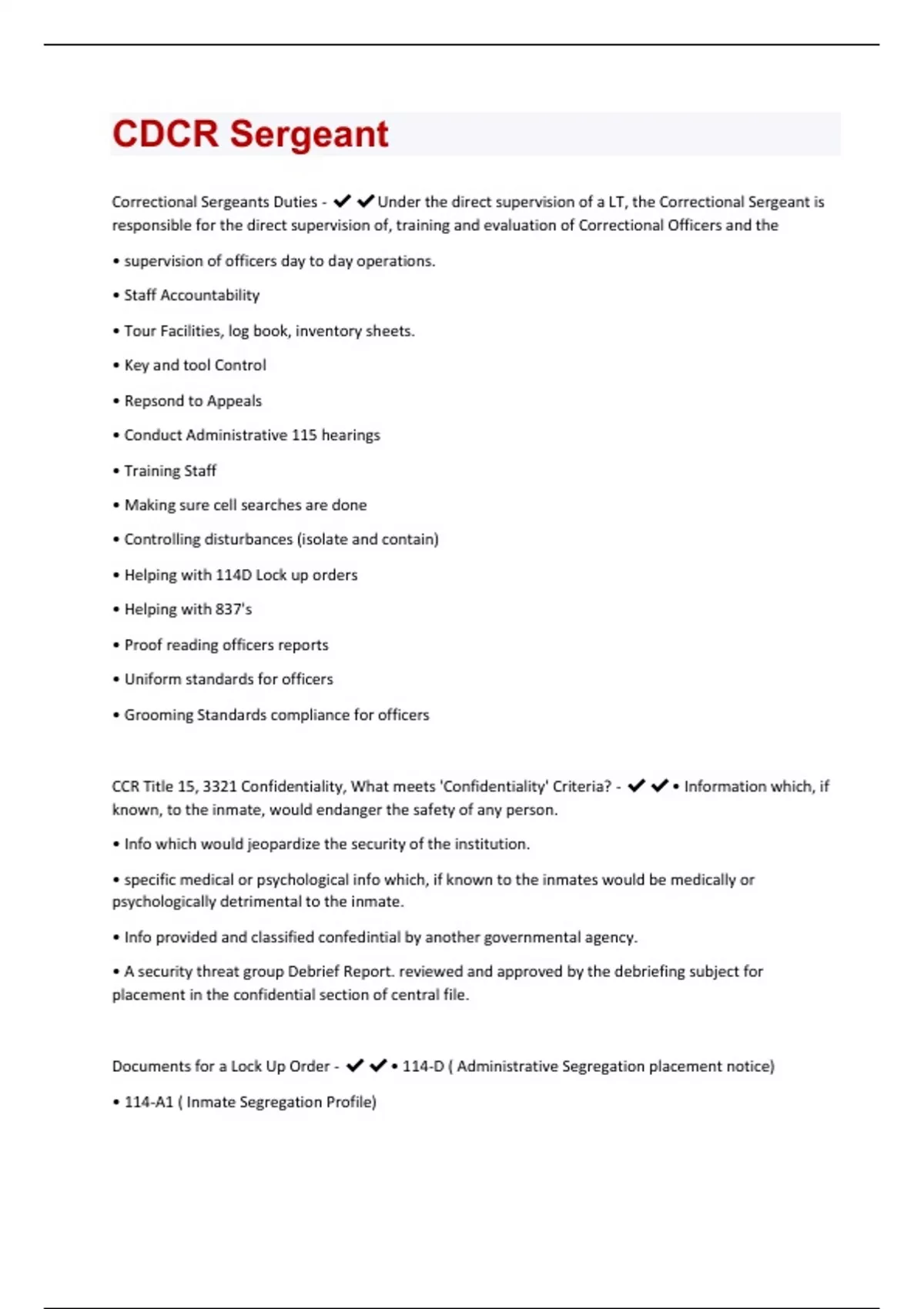 CDCR Sergeant Exam All Possible Questions and Answers with complete ...