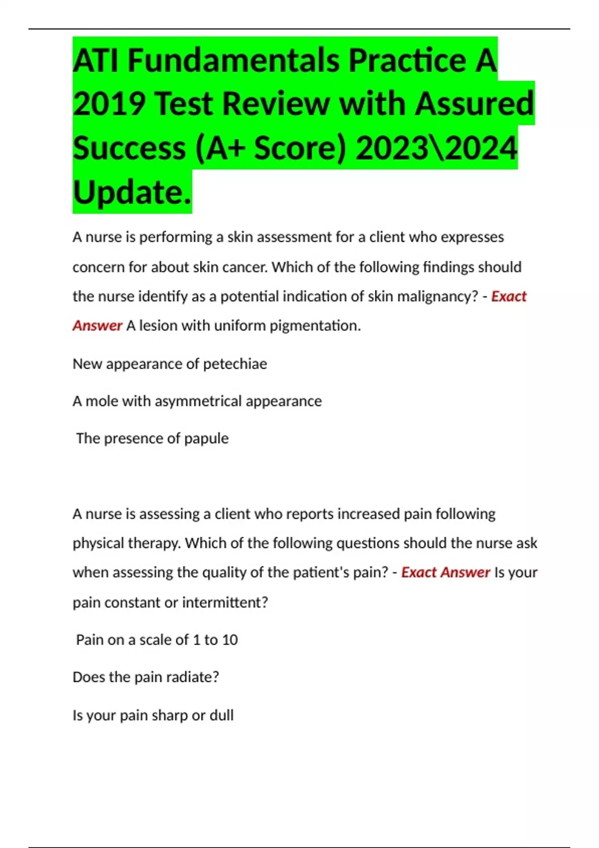 ATI Fundamentals Practice A 2019 Test Review with Assured Success (A+ ...