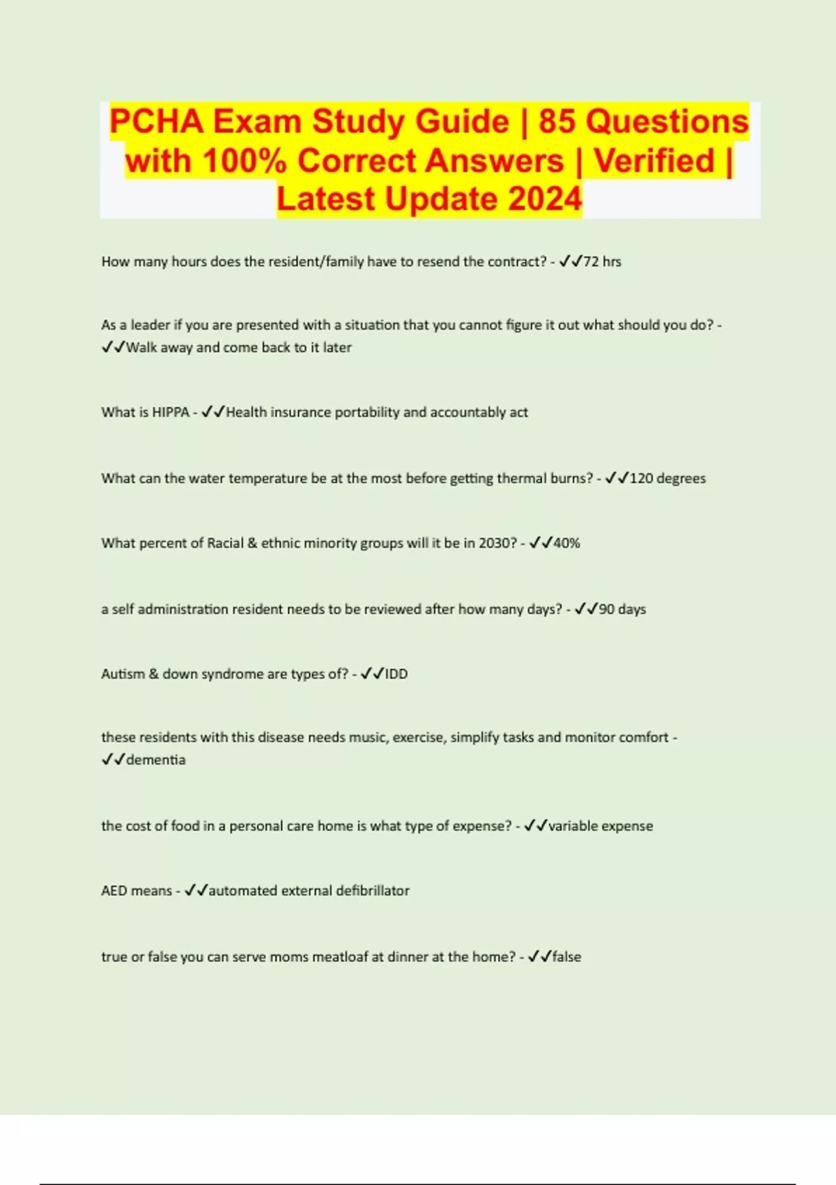 PCHA Exam Study Guide | 85 Questions with 100% Correct Answers ...