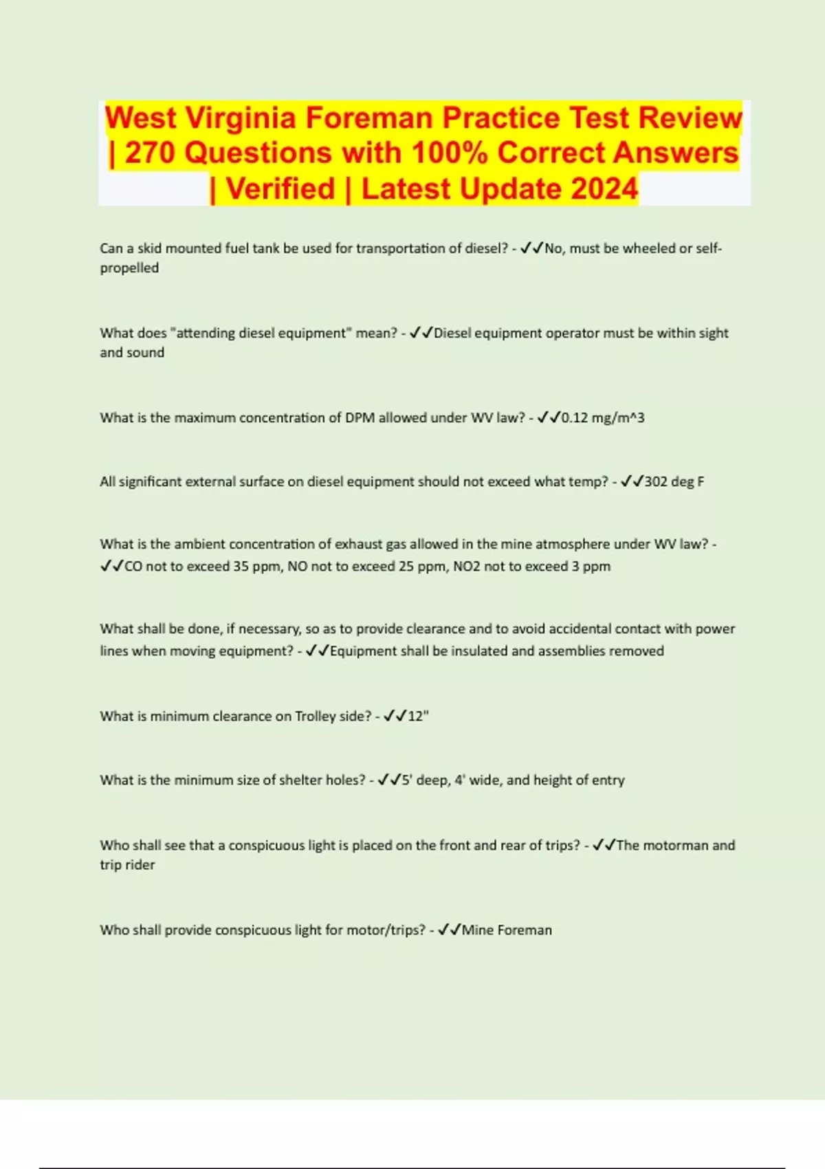 West Virginia Foreman Practice Test Review | 270 Questions with 100% ...