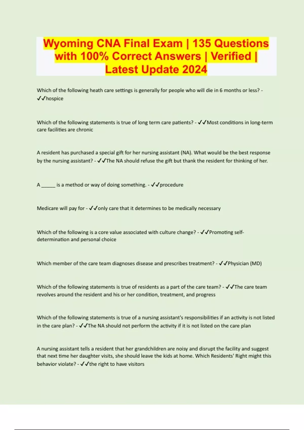 Wyoming CNA Final Exam | 135 Questions with 100% Correct Answers ...