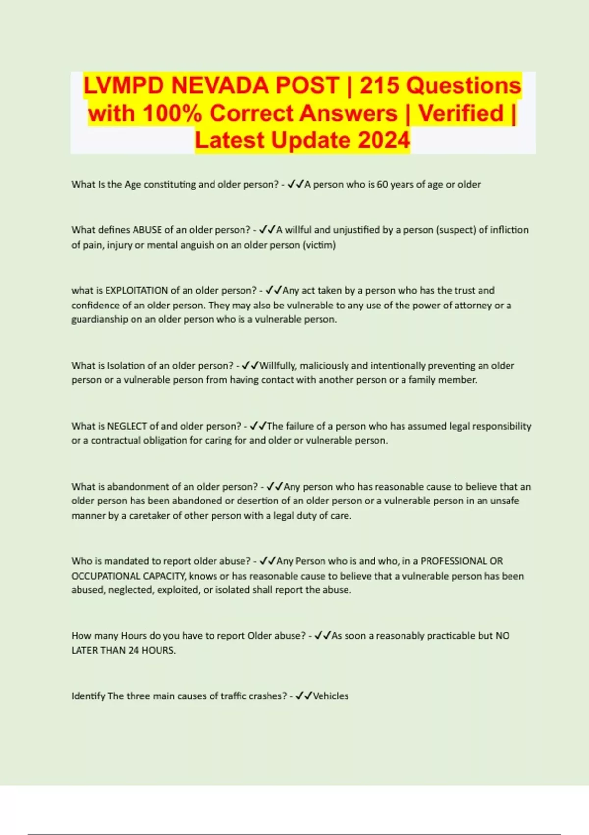 LVMPD NEVADA POST | 215 Questions with 100% Correct Answers | Verified ...