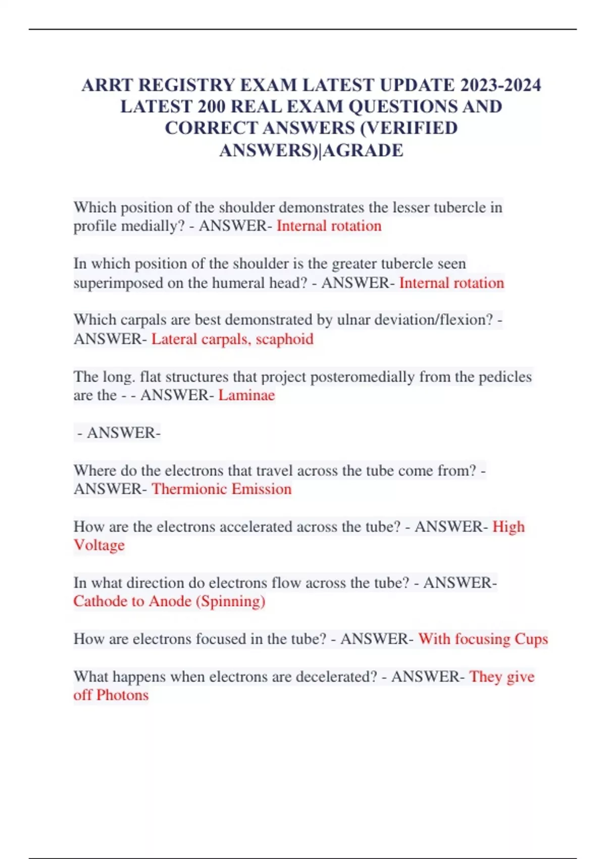 ARRT REGISTRY EXAM LATEST UPDATE LATEST 200 REAL EXAM QUESTIONS AND ...