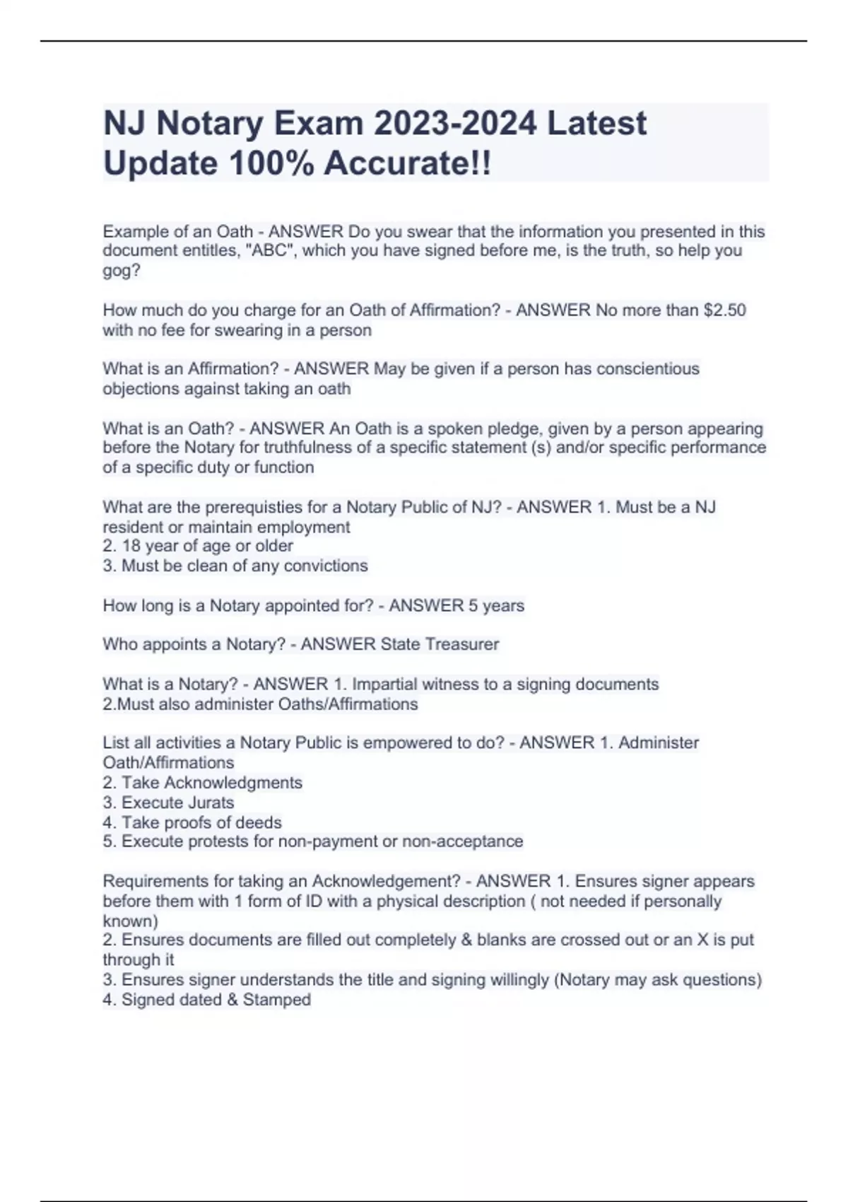 NJ Notary Exam Latest Update 100% Accurate!! - NJ Notary Public - Stuvia US