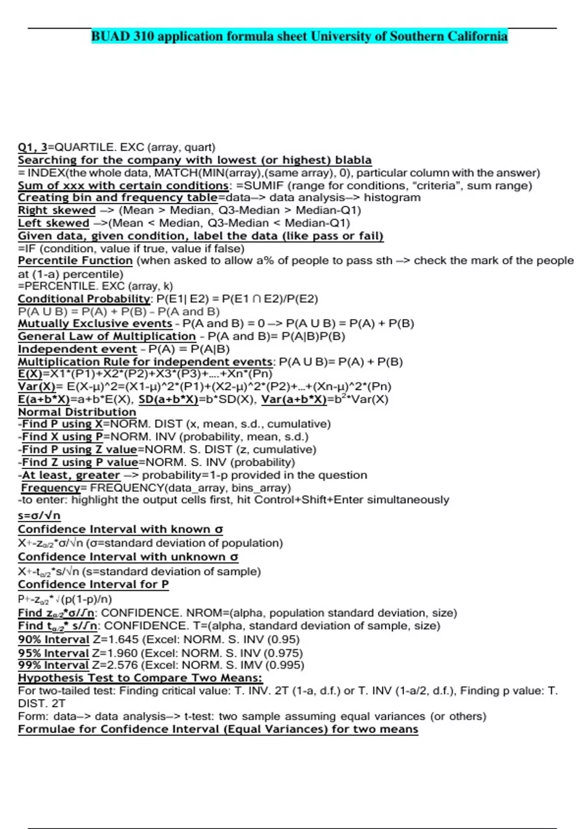 BUAD 310 application formula sheet University of Southern California - BUAD 310 - Stuvia US