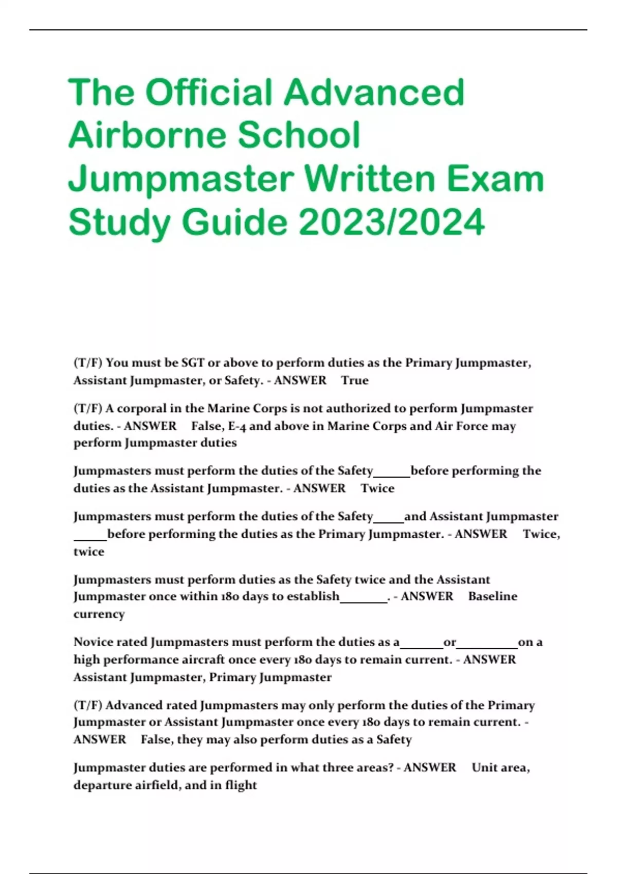 The Official Advanced Airborne School Jumpmaster Written Exam Study Guide 2023/2024 - The ...