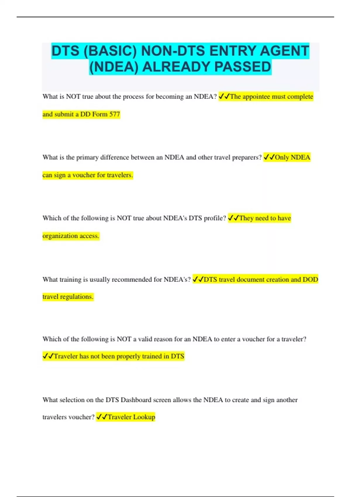 DTS (BASIC) NON-DTS ENTRY AGENT (NDEA) ALREADY PASSED - DTS NON-DTS ENTRY AGENT - Stuvia US