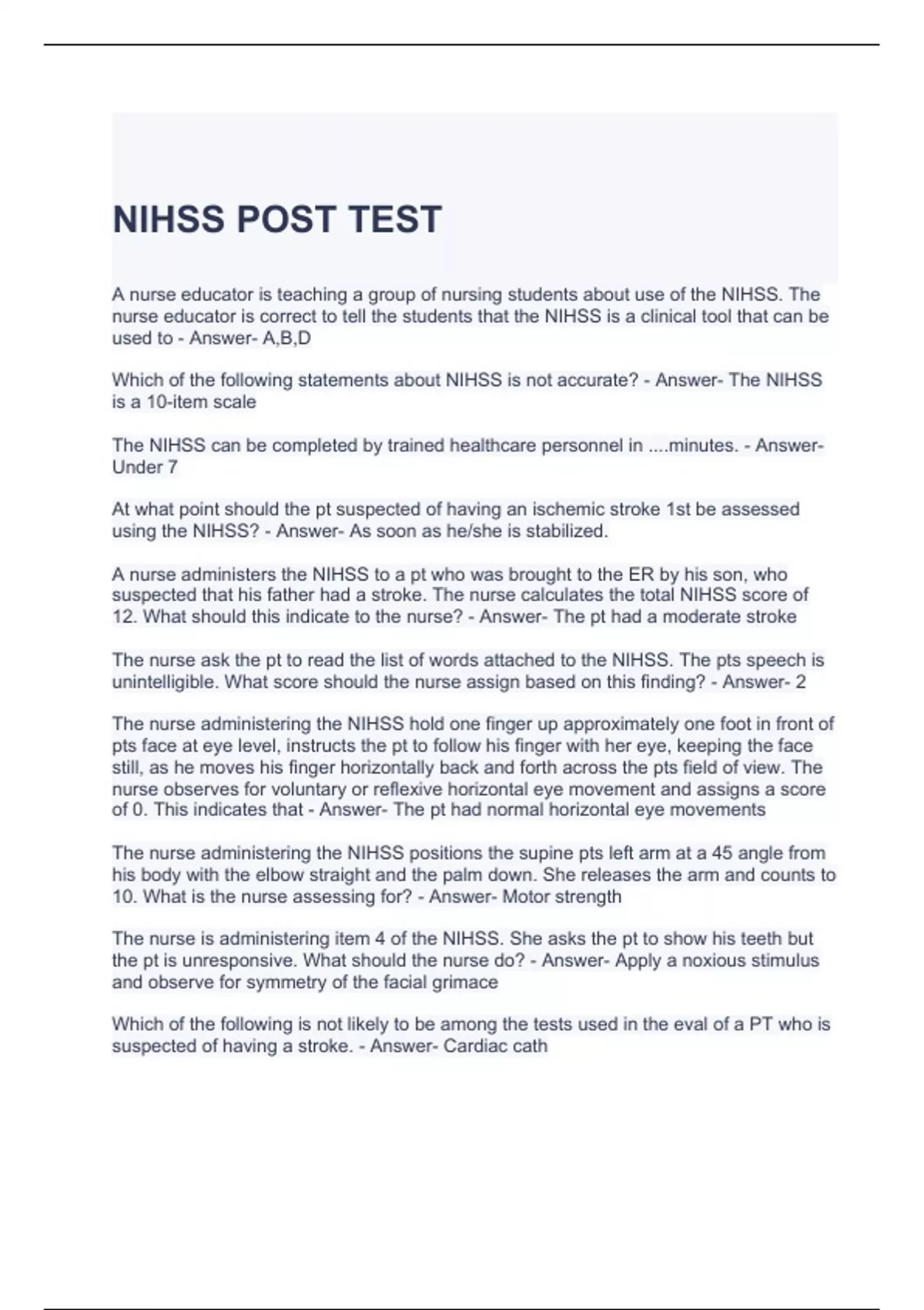 NIHSS POST TEST QUESTIONS AND ANSWERS - NIHSS - Stuvia US