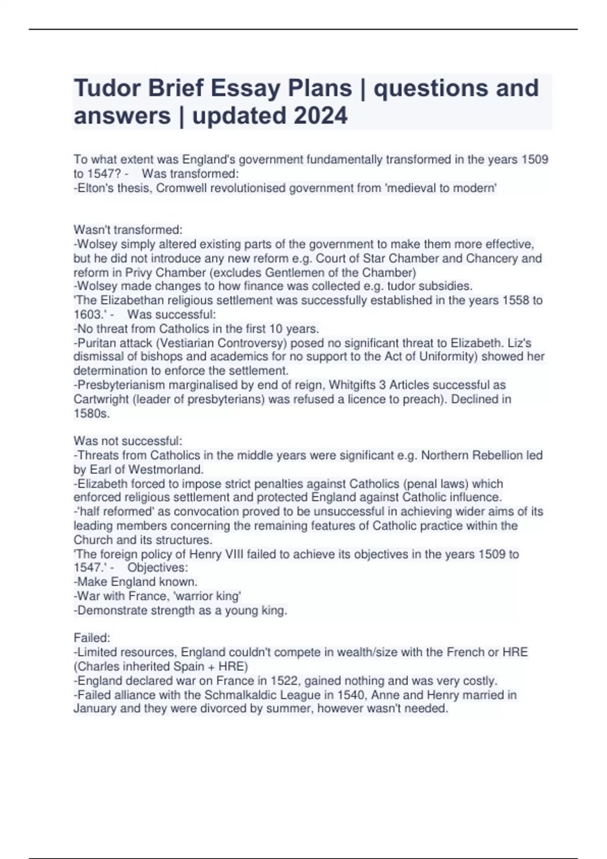 Tudor Brief Essay Plans | questions and answers | updated 2024 - Tudor ...