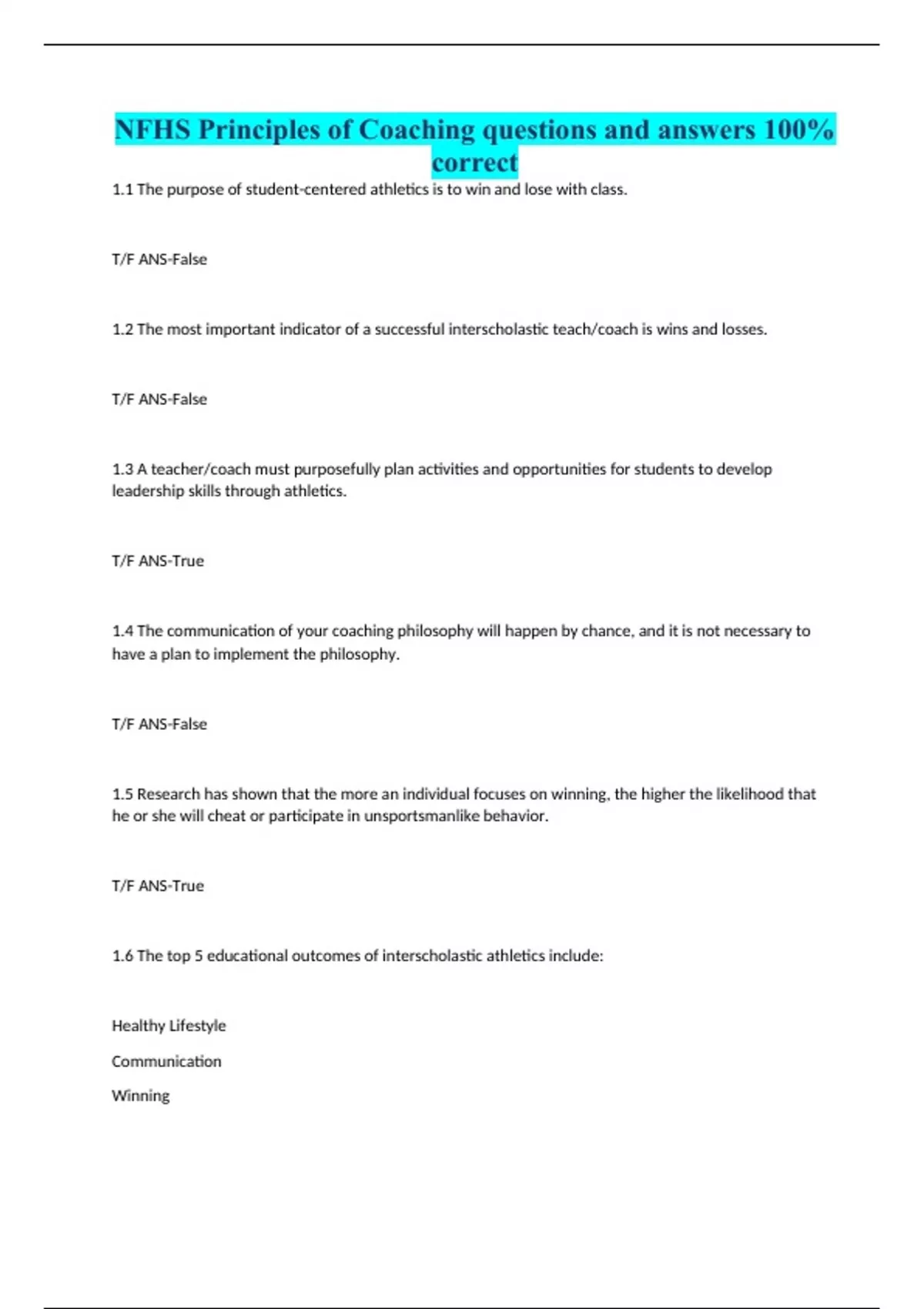 NFHS Principles of Coaching questions and answers 100% correct - Nfhs ...