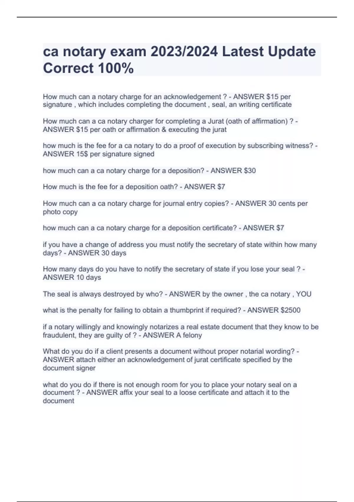 ca notary exam 2023/2024 Latest Update Correct 100% - California Notary ...