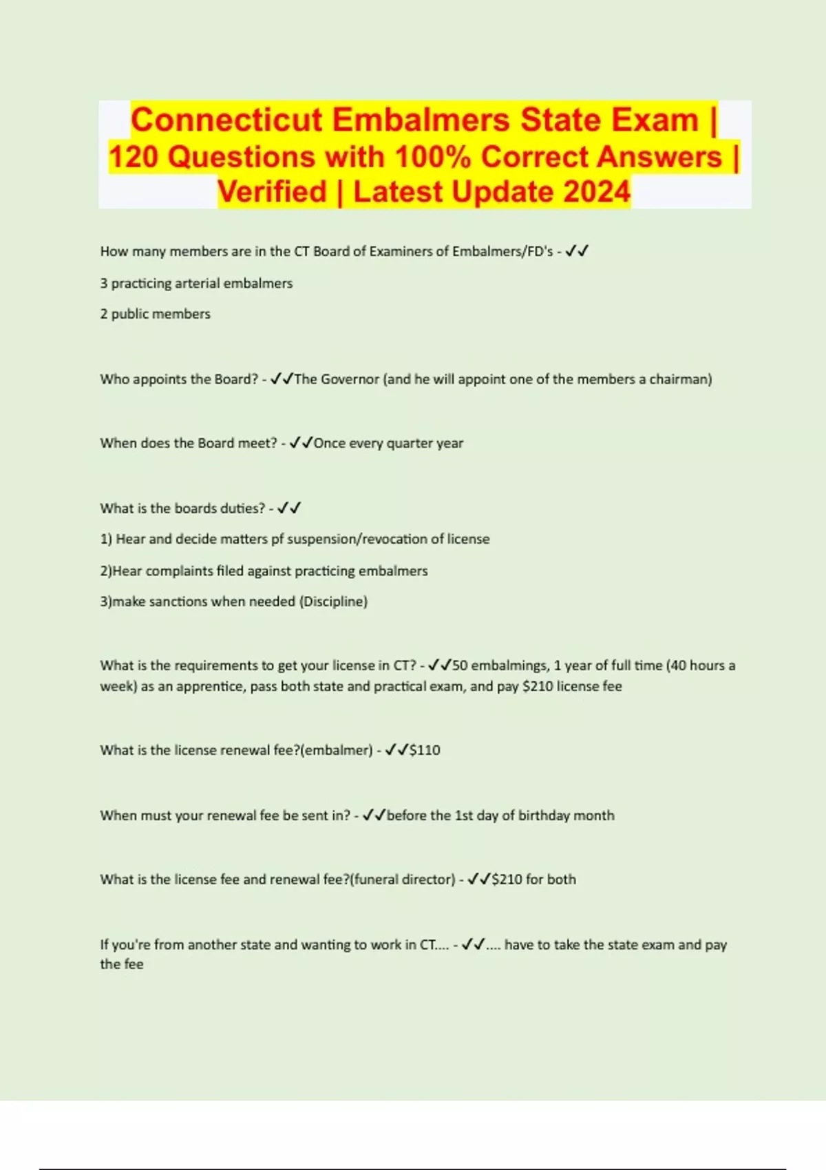 Connecticut Embalmers State Exam | 120 Questions with 100% Correct ...
