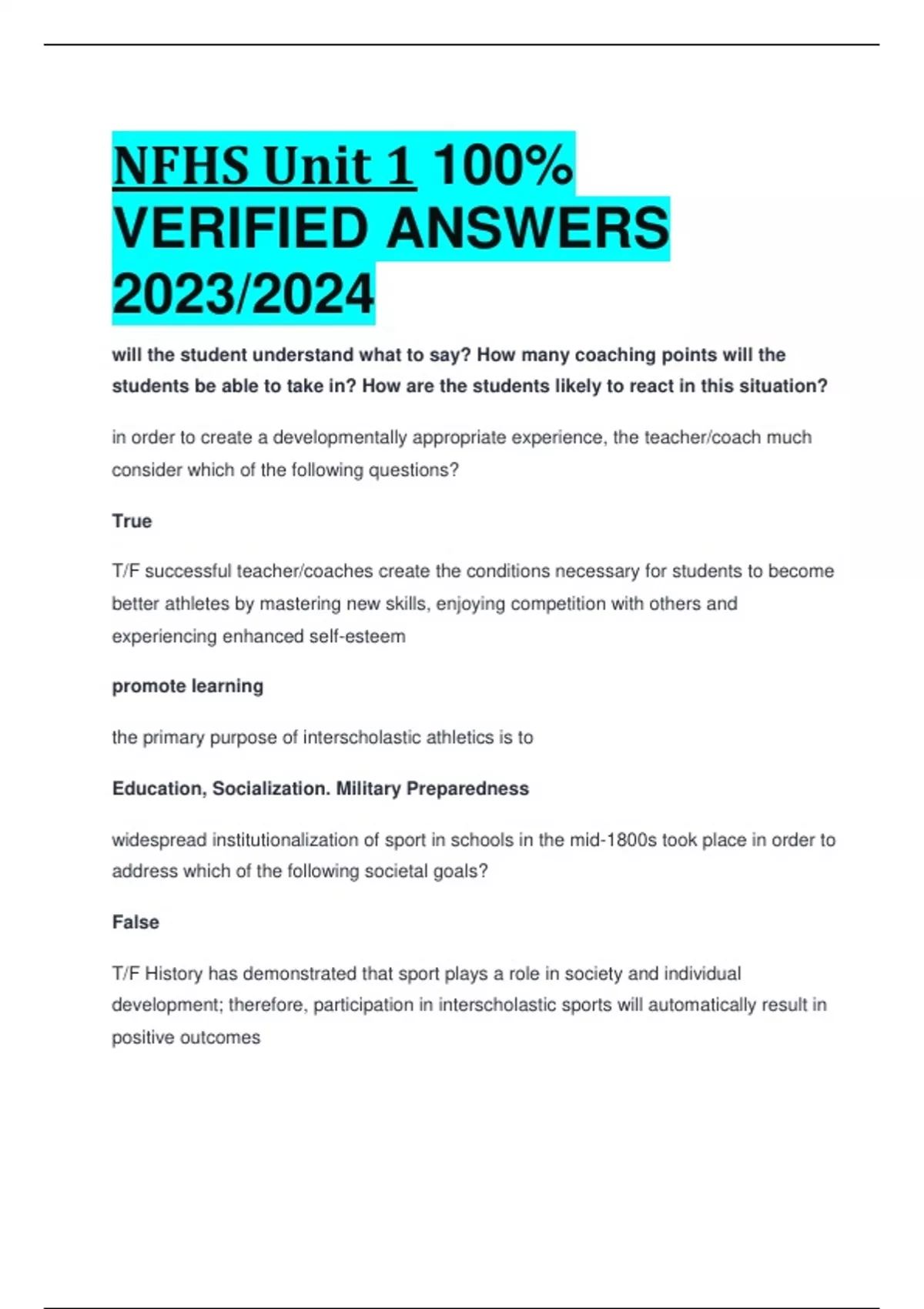 BEST REVIEW NFHS Unit 1 100% VERIFIED ANSWERS 2023/2024 - Nfhs - Stuvia US