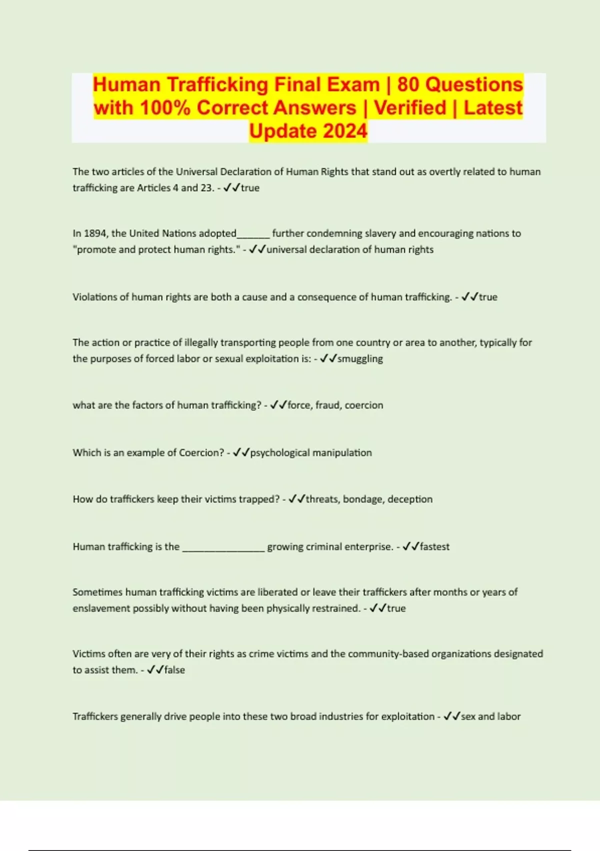 Human Trafficking Final Exam | 80 Questions with 100% Correct Answers ...