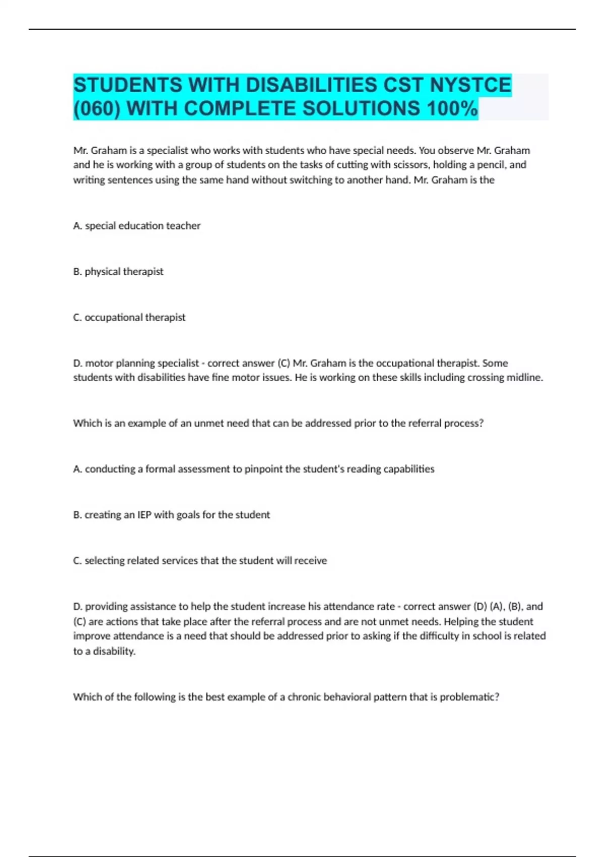 STUDENTS WITH DISABILITIES CST NYSTCE (060) WITH COMPLETE SOLUTIONS 100 ...