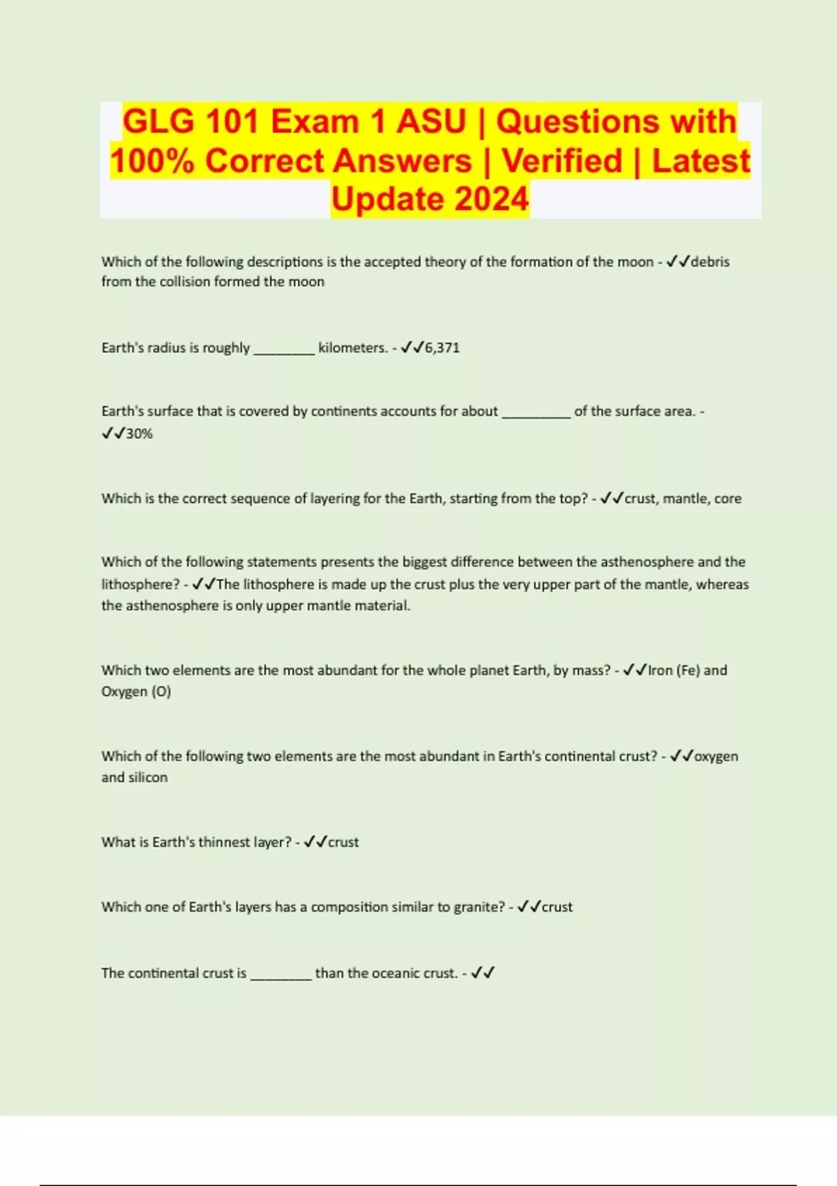 GLG 101 Exam 1 ASU | Questions with 100% Correct Answers | Verified ...