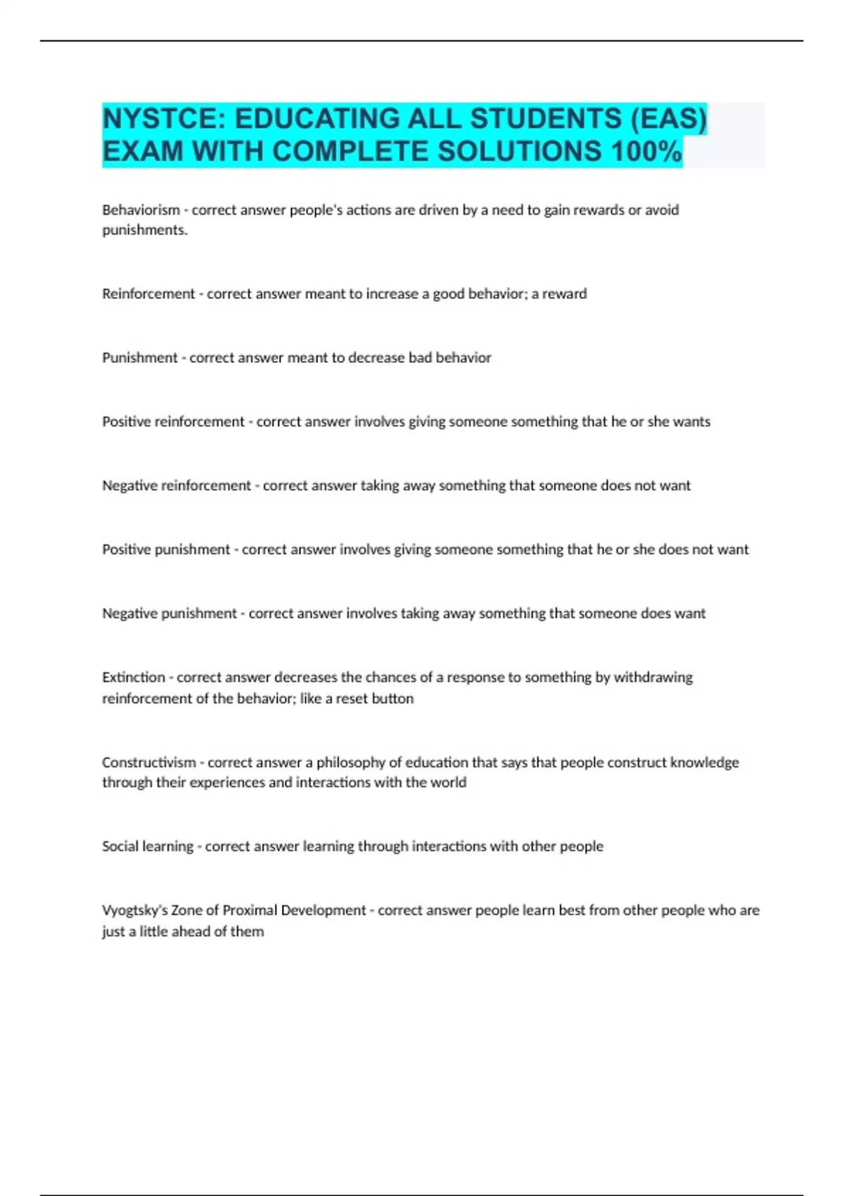 NYSTCE: EDUCATING ALL STUDENTS (EAS) EXAM WITH COMPLETE SOLUTIONS 100% ...