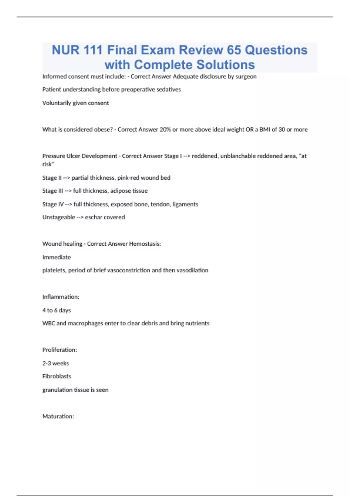 NUR 111 Final Exam Review 65 Questions with Complete Solutions - NUR ...