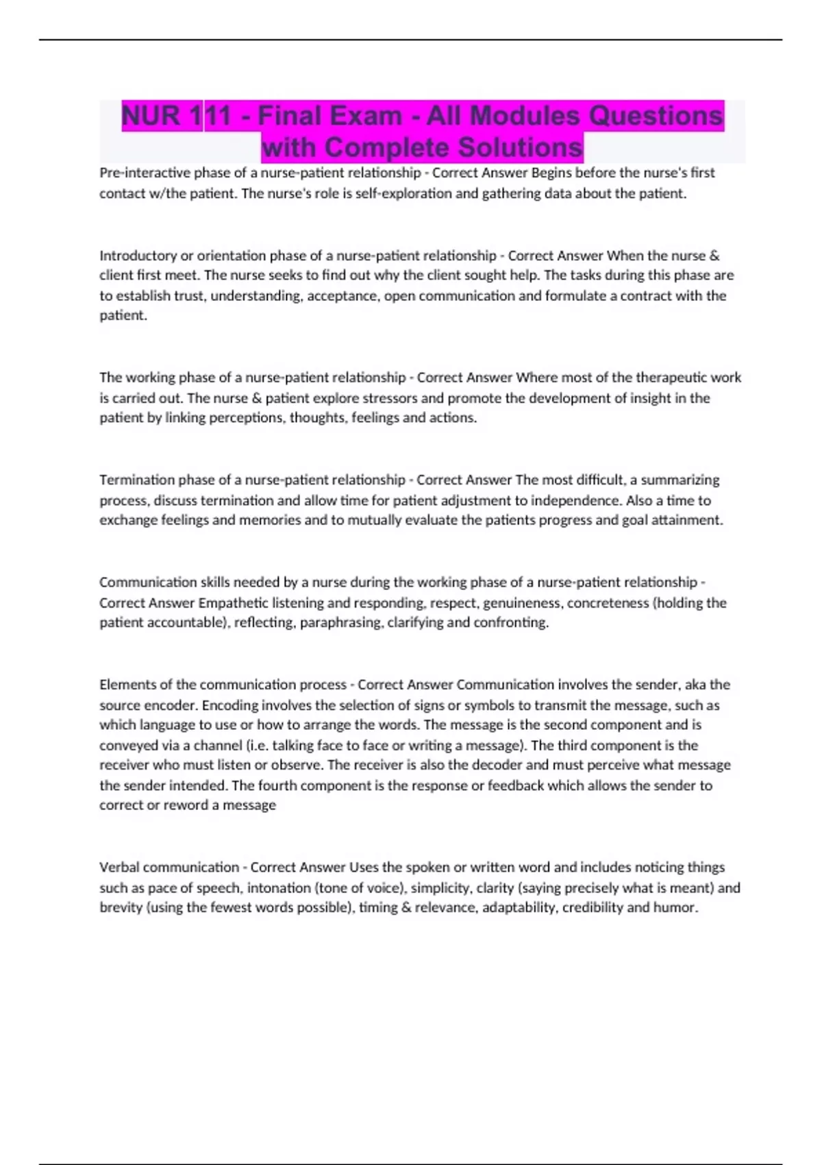 NUR 111 - Final Exam - All Modules Questions with Complete Solutions ...