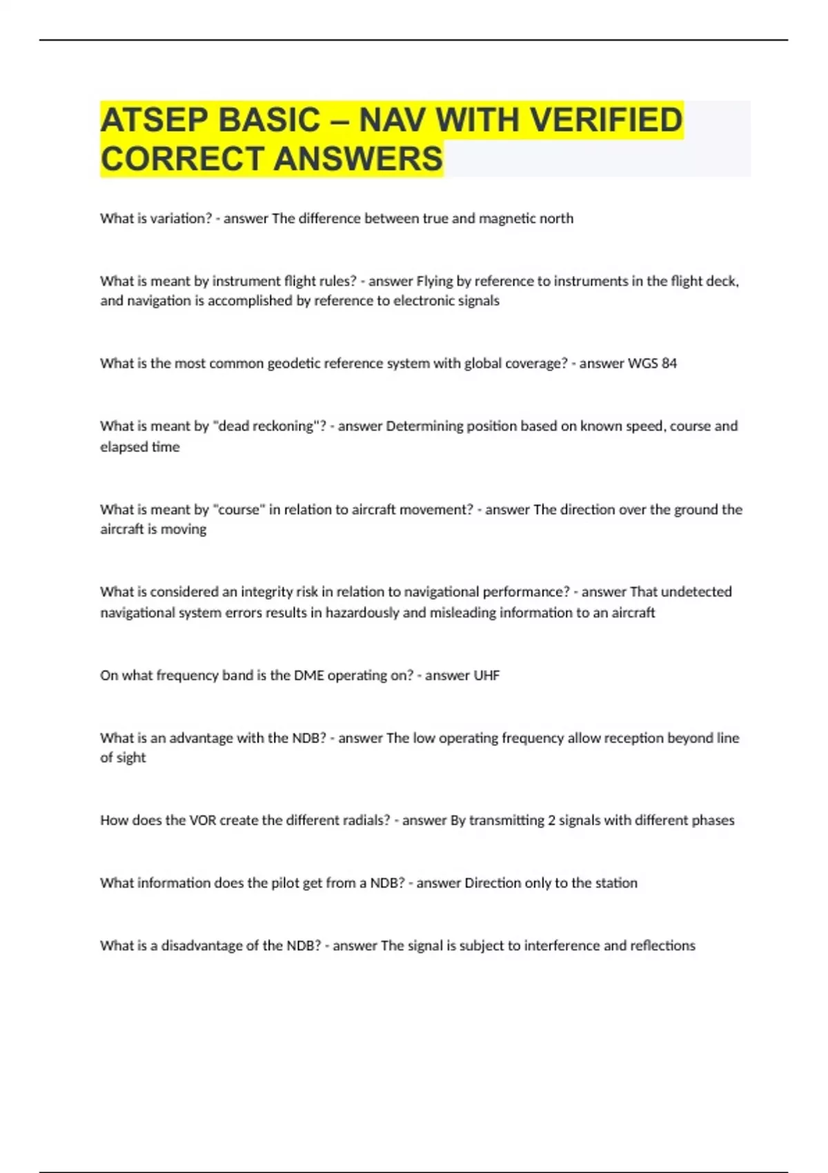 ATSEP BASIC – NAV WITH VERIFIED CORRECT ANSWERS.|GUARANTEED SUCCESS ...