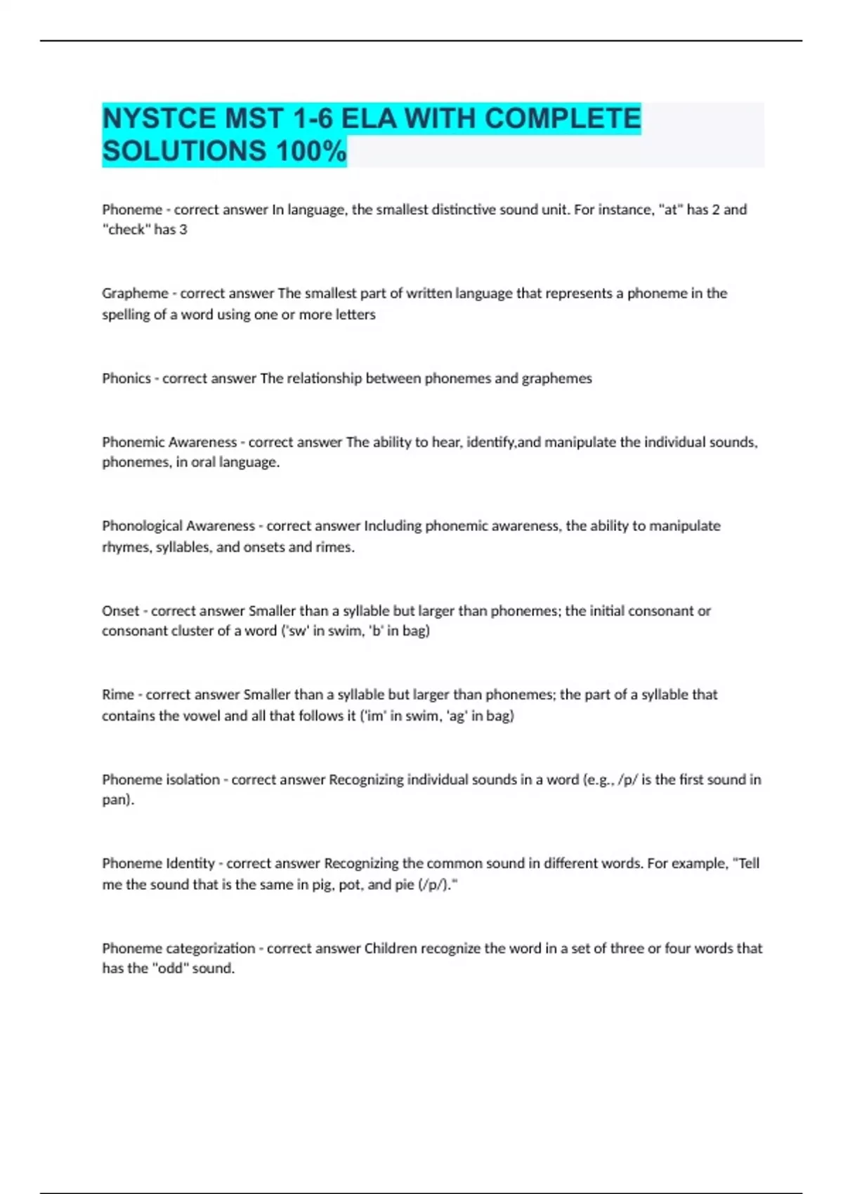 NYSTCE MST 1-6 ELA WITH COMPLETE SOLUTIONS 100% - NYSTCE MS Teachers of Childhood 1-6 - Stuvia US