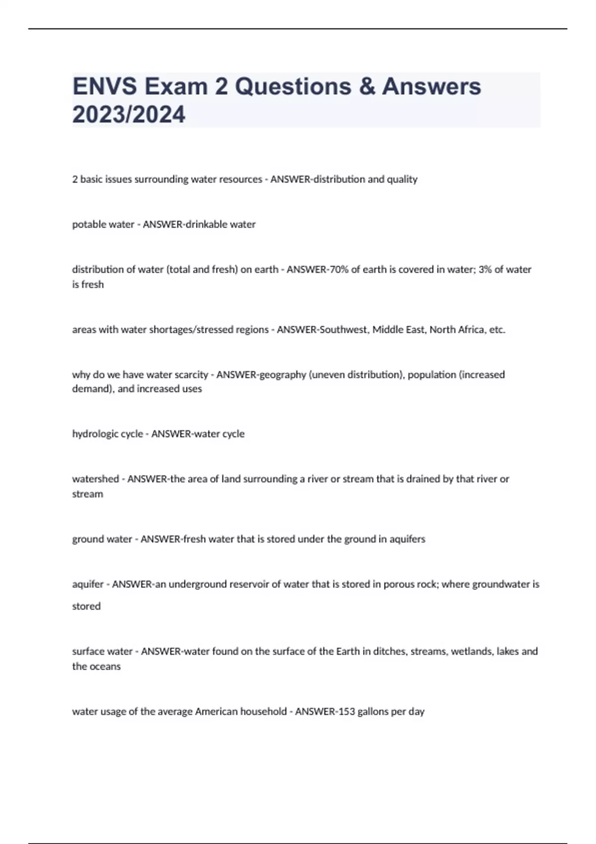 ENVS Exam 2 Questions & Answers 2023/2024 - ENVS - Stuvia US