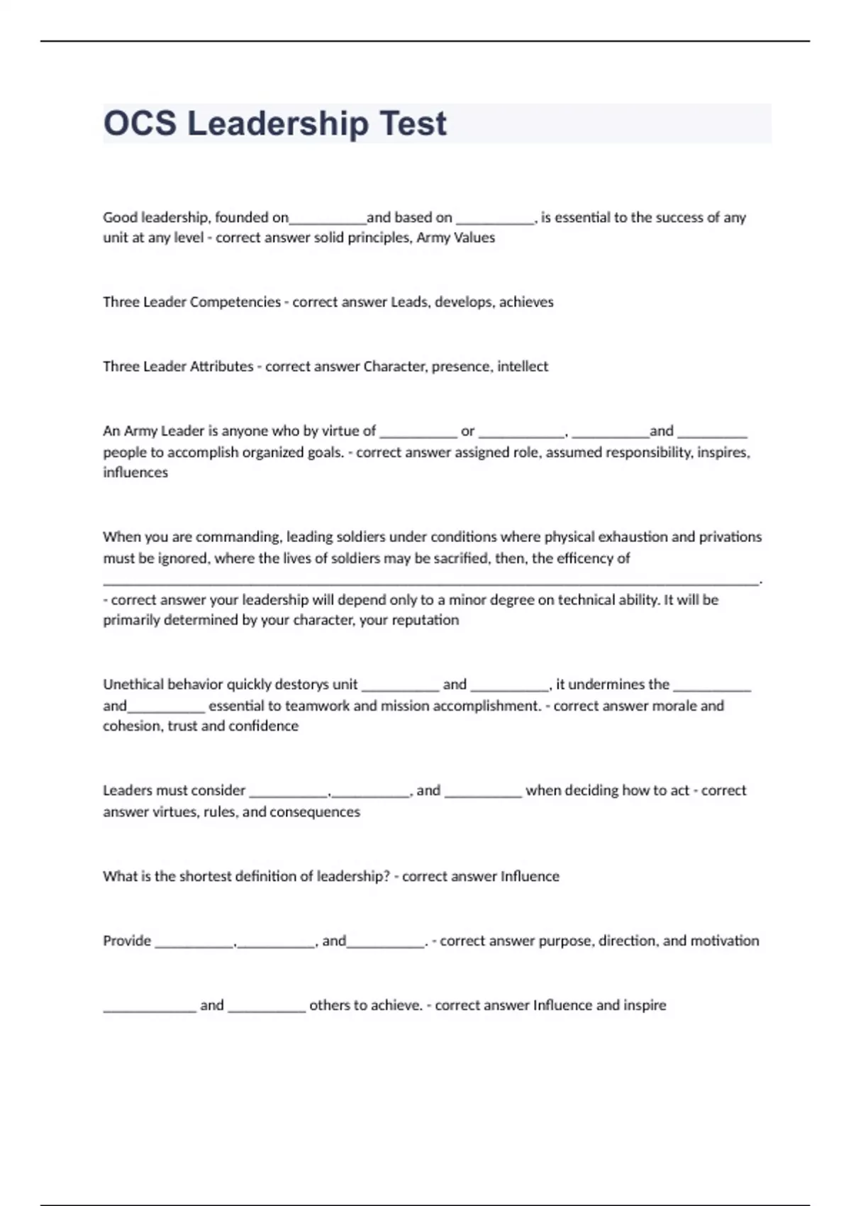 OCS Leadership Test Question and answers 2023/2024 verified to pass ...