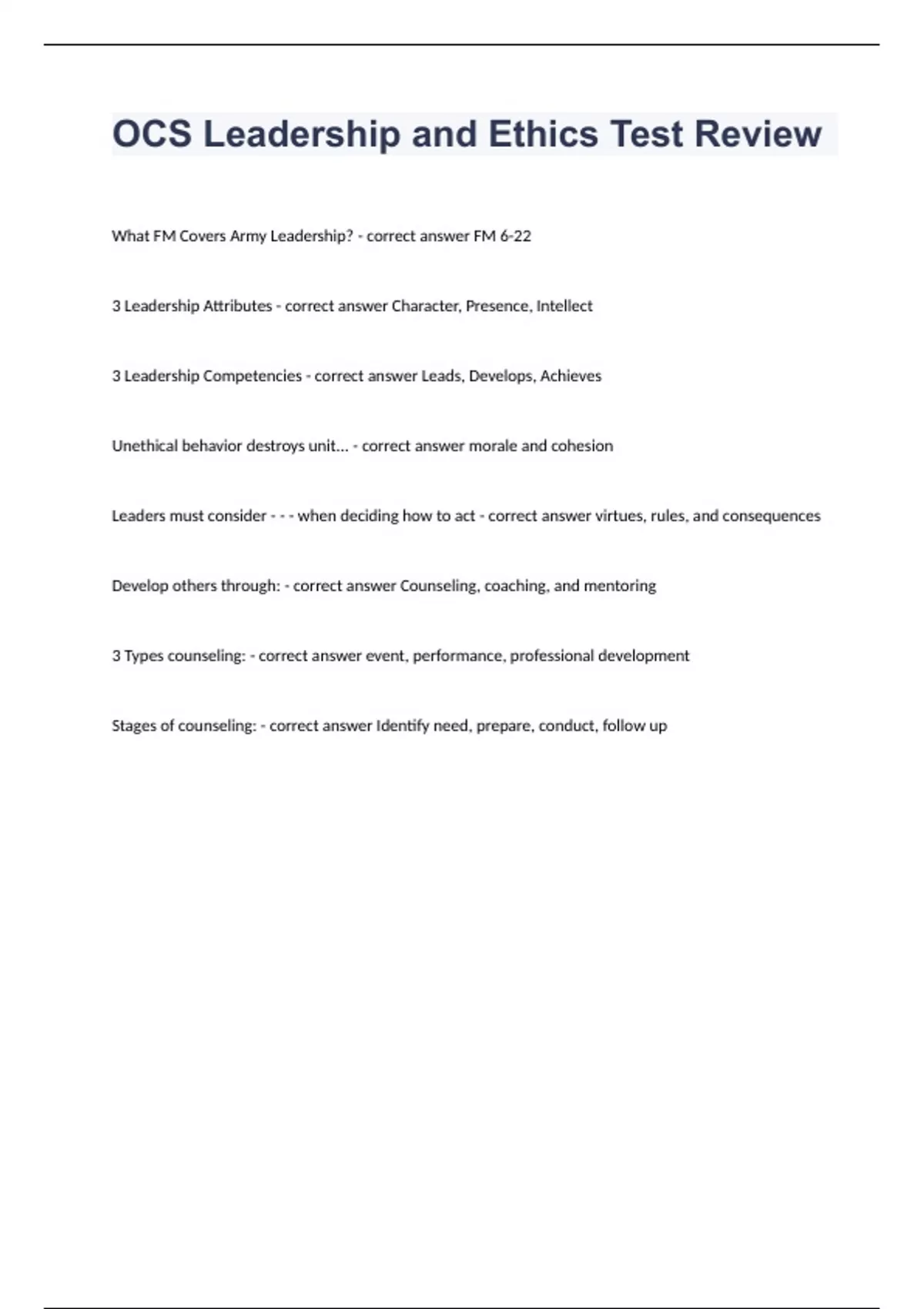 OCS Leadership and Ethics Test Review Questions with complete solution ...