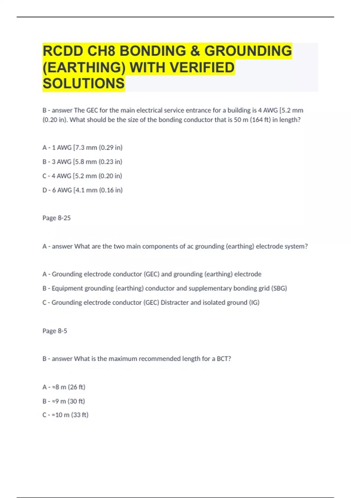 RCDD CH8 BONDING & GROUNDING (EARTHING) WITH VERIFIED SOLUTIONS ...