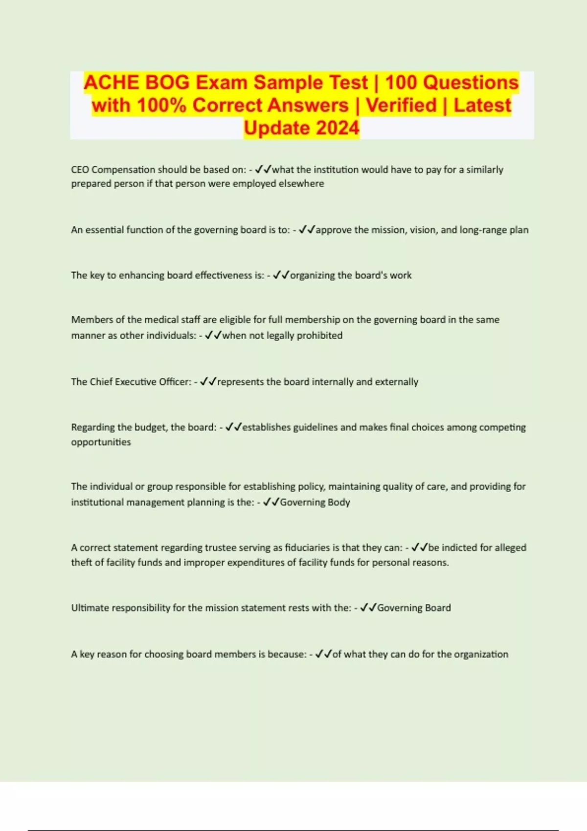 ACHE BOG Exam Sample Test | 100 Questions with 100% Correct Answers ...