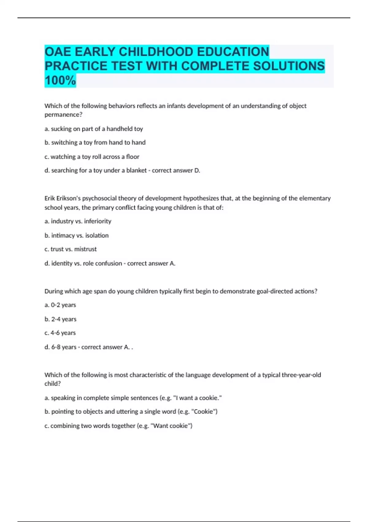 OAE EARLY CHILDHOOD EDUCATION PRACTICE TEST WITH COMPLETE SOLUTIONS 100 ...