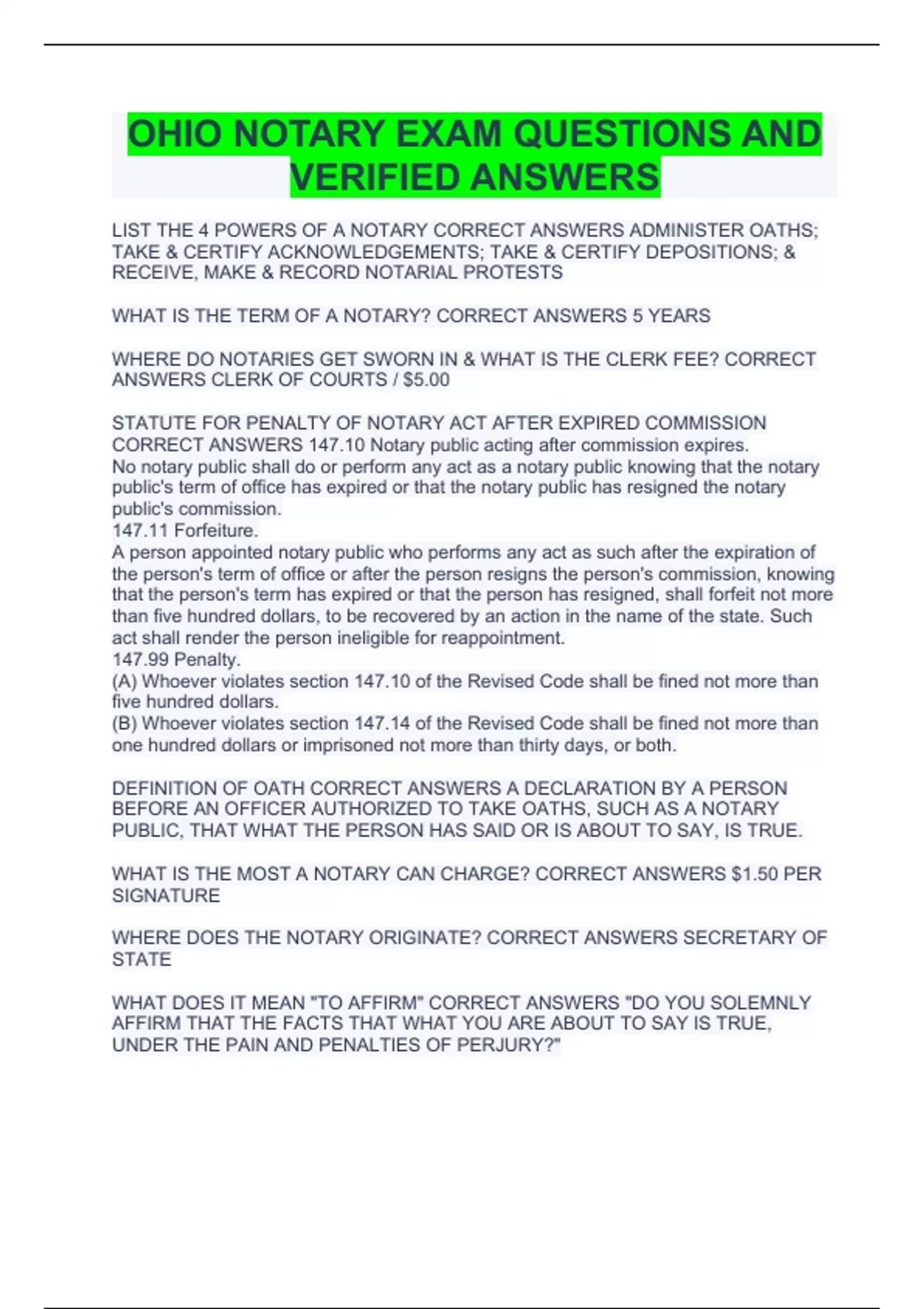 OHIO NOTARY EXAM QUESTIONS AND VERIFIED ANSWERS - Ohio notary - Stuvia US