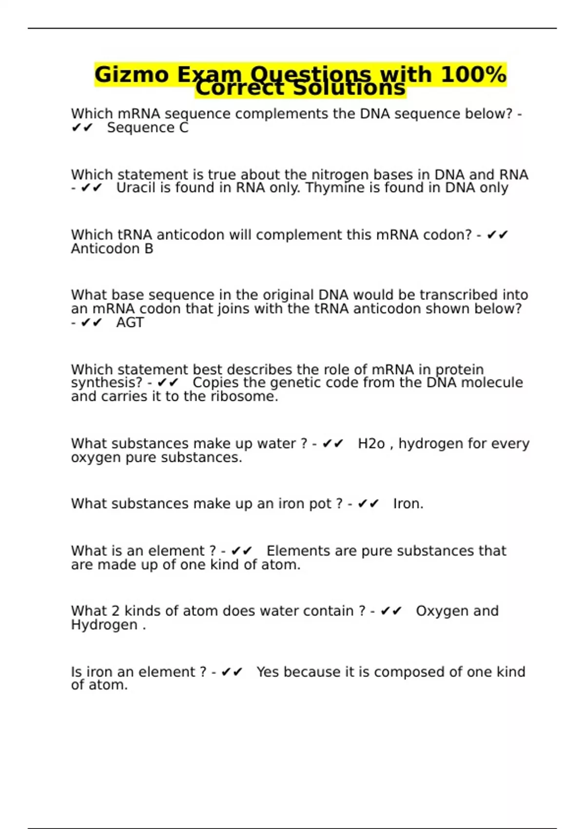 Gizmo Exam Questions with 100% Correct Solutions - Gizmo - Stuvia US