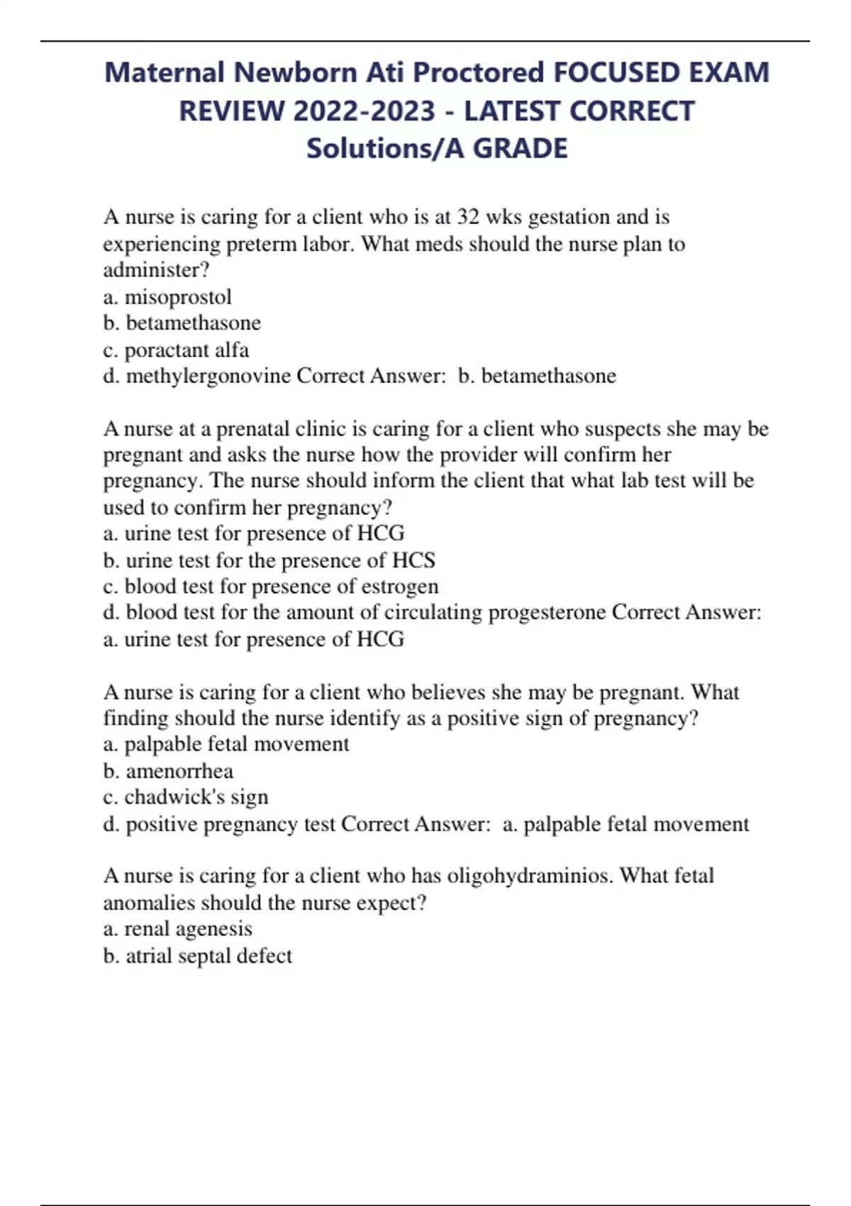 Maternal Newborn Ati Proctored FOCUSED EXAM REVIEW - LATEST CORRECT ...