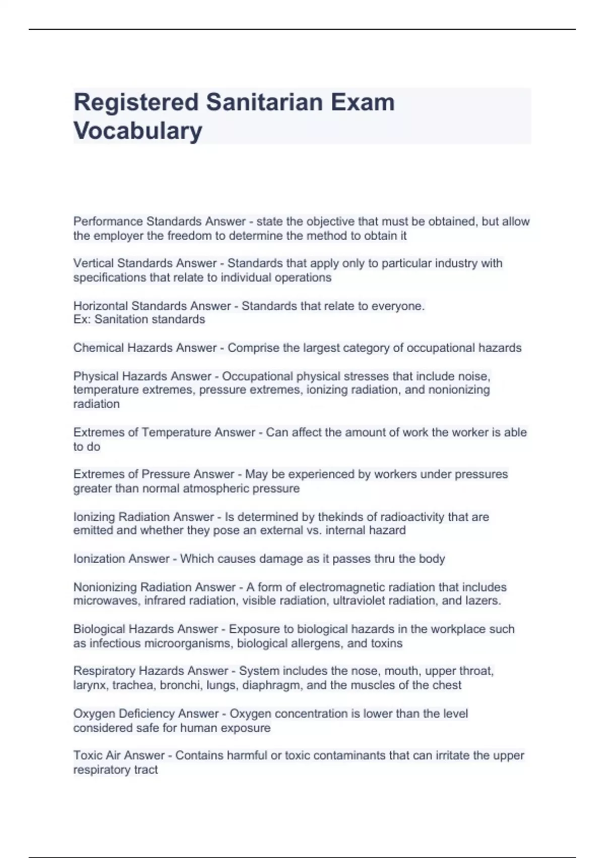 Registered Sanitarian Exam Vocabulary - Registered Sanitarian - Stuvia US