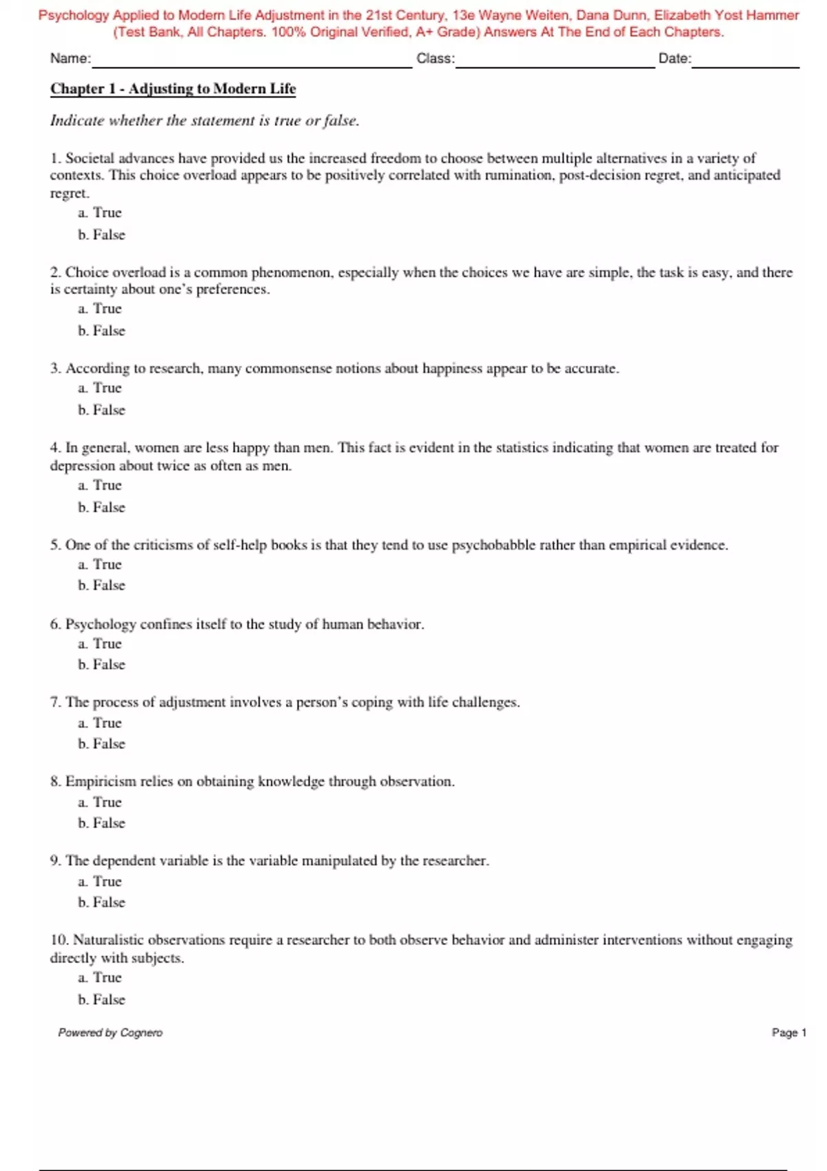 Test Bank for Psychology Applied to Modern Life Adjustment in the 21st ...