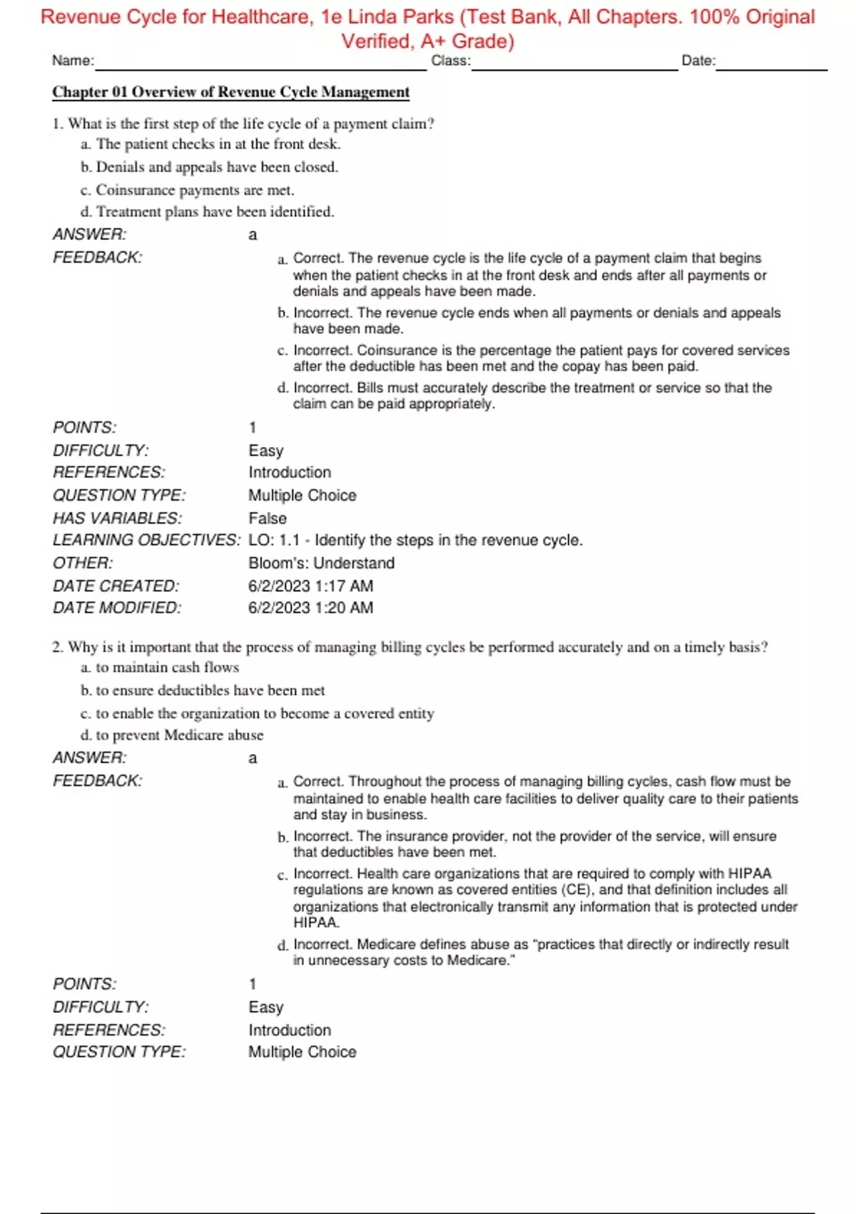 Test Bank for Revenue Cycle for Healthcare 1st Edition by Linda Parks ...