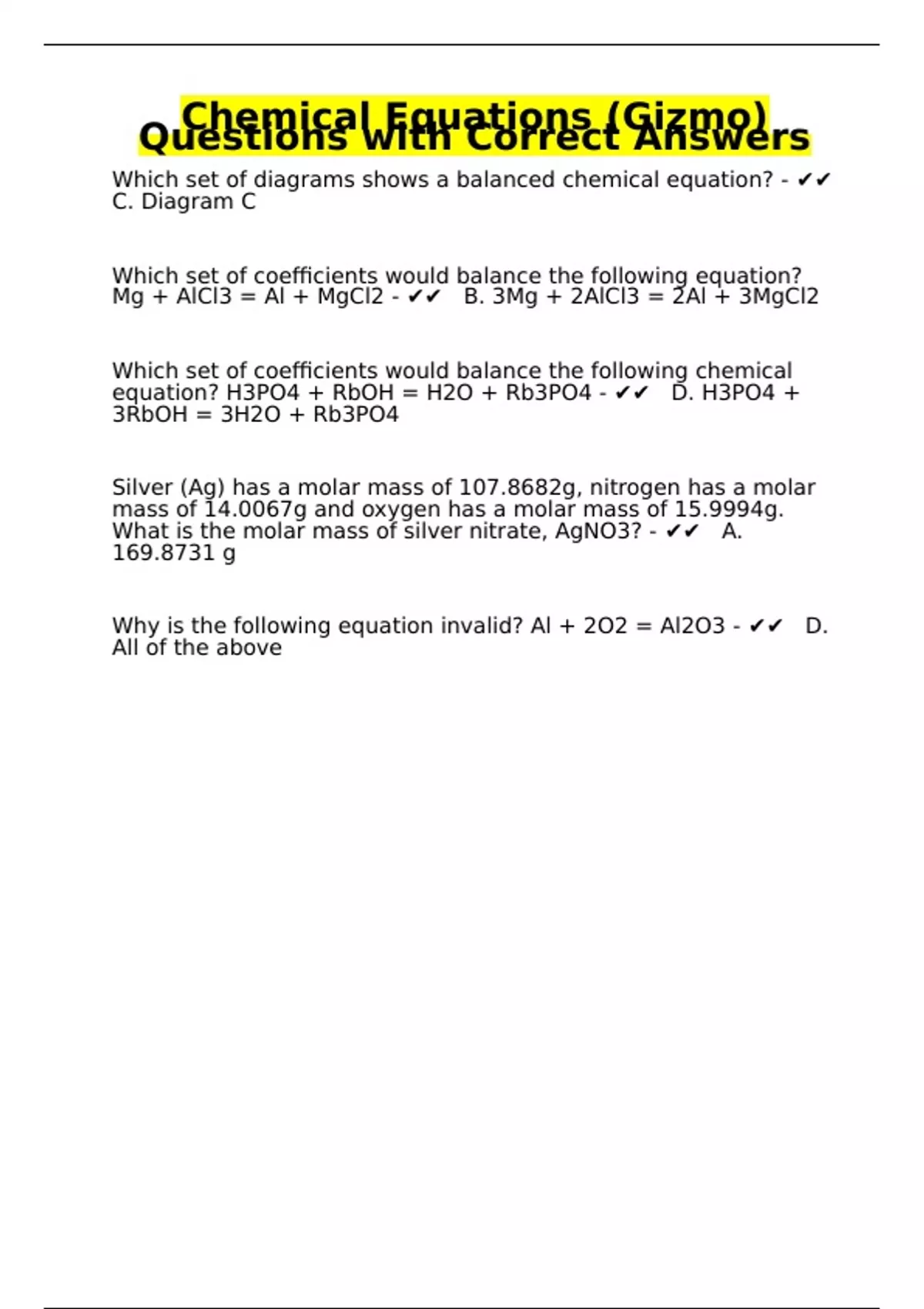 Chemical Equations (Gizmo) Questions with Correct Answers - Chemical ...