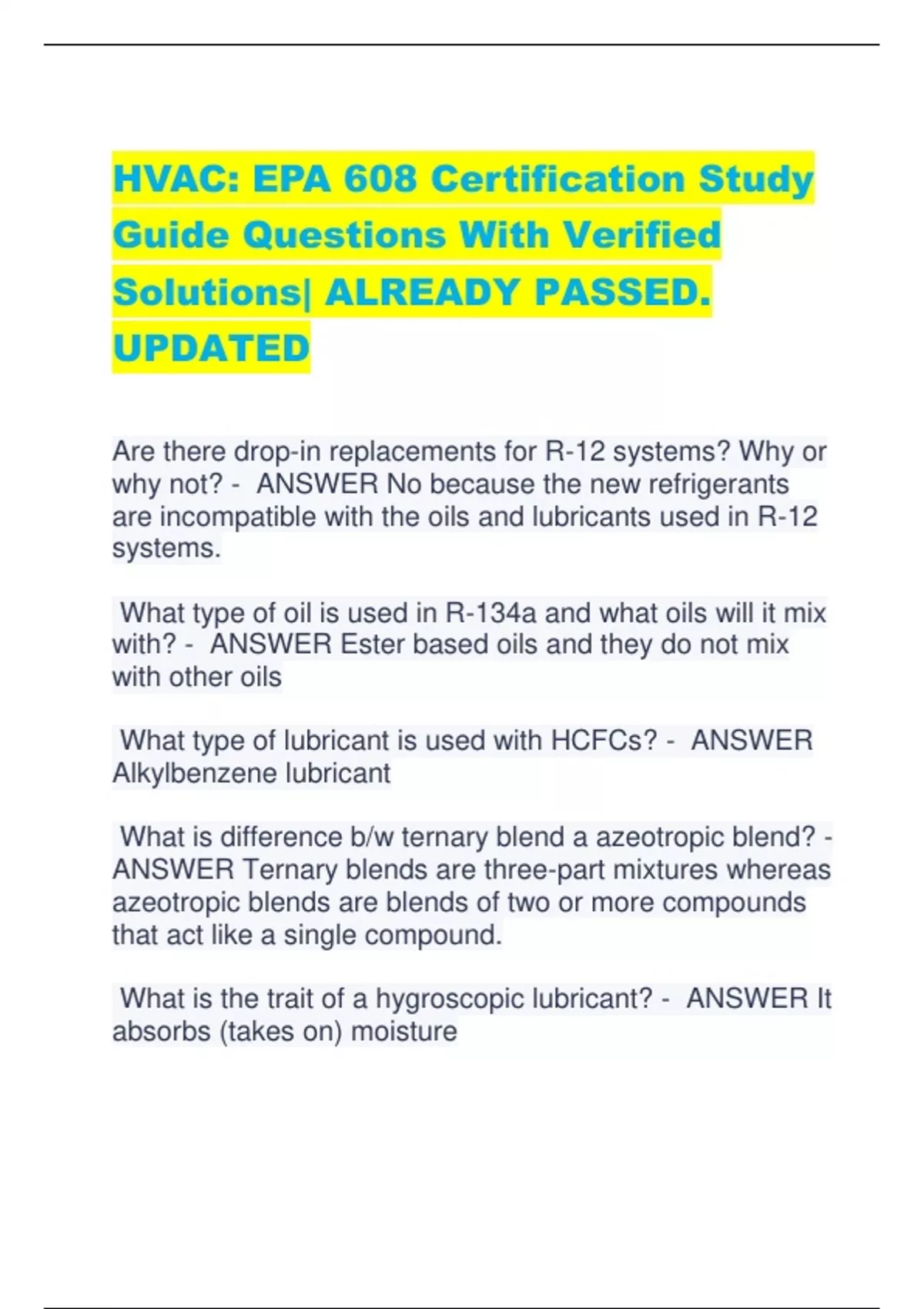 HVAC: EPA 608 Certification Study Guide Questions With Verified ...