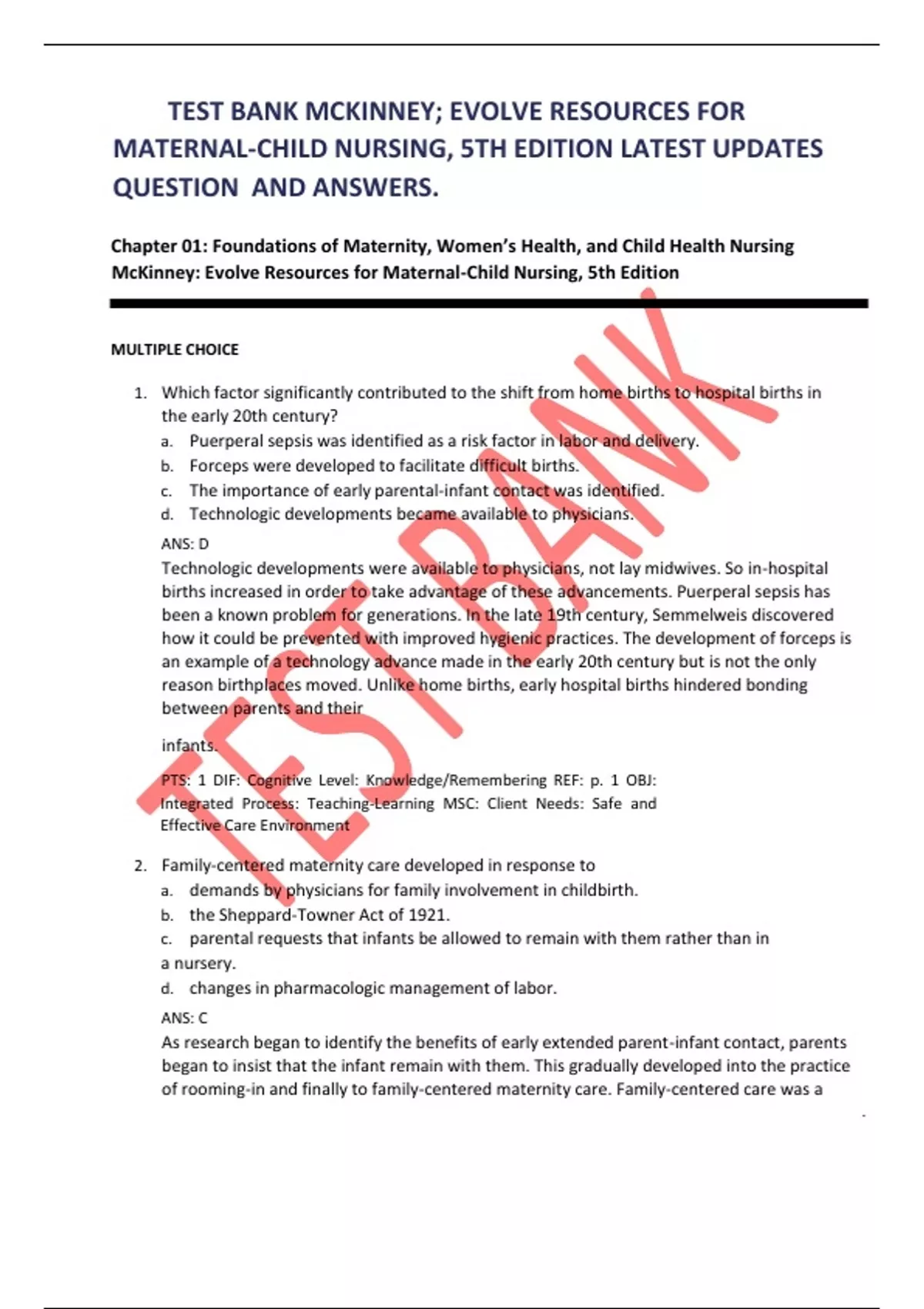 TEST BANK MCKINNEY; EVOLVE RESOURCES FOR MATERNAL-CHILD NURSING, 5TH ...