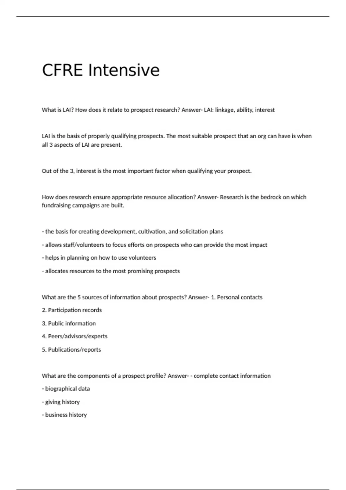 CFRE Intensive|Questions with 100% correct Solutions | Verified - CFRE ...